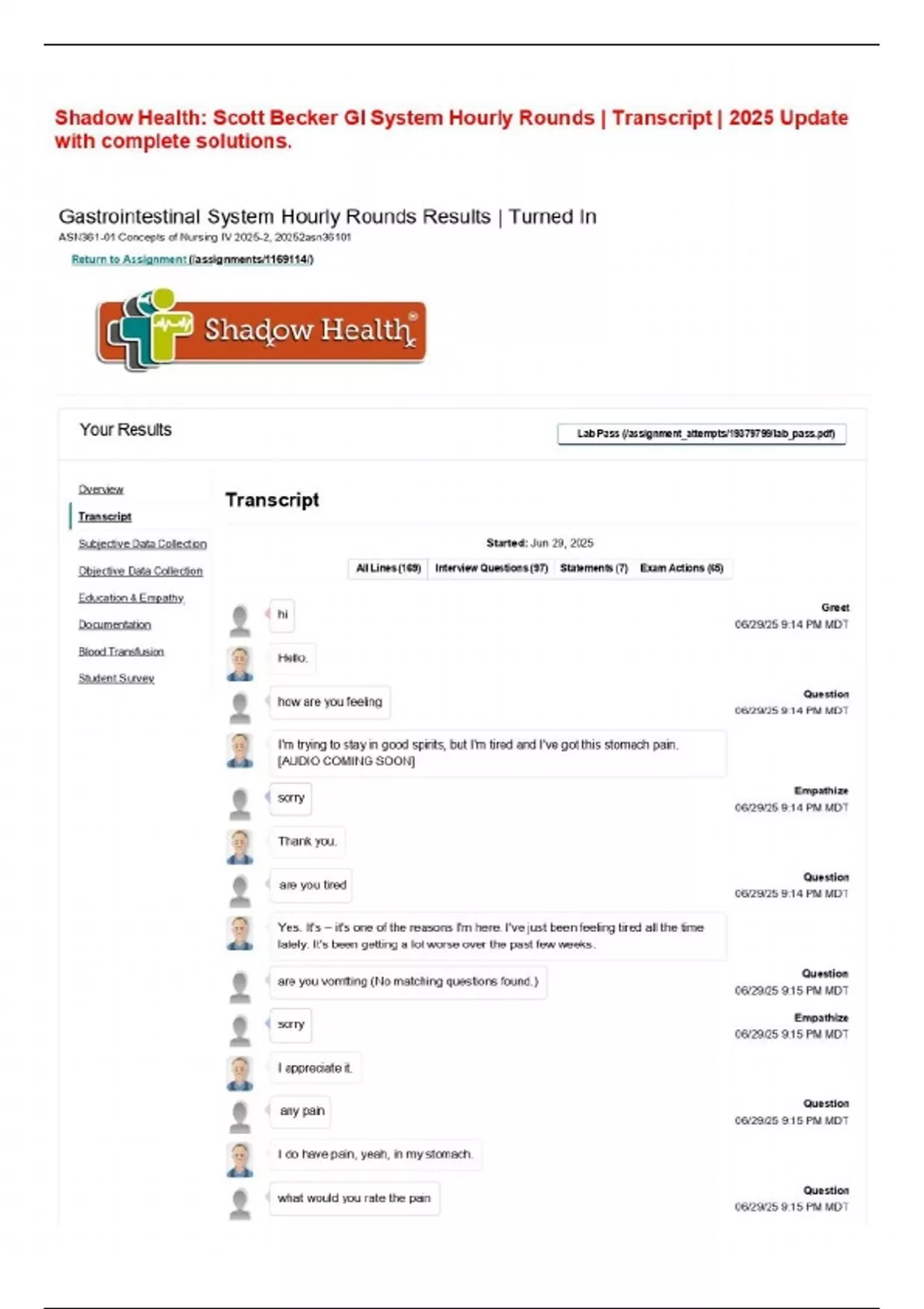 Shadow Health: Scott Becker GI System Hourly Rounds | Transcript | 2025 ...