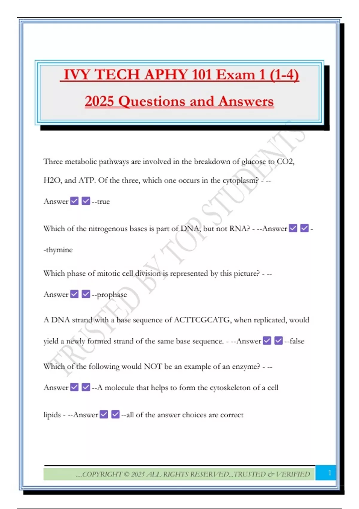 IVY TECH APHY 101 Exam 1 (1-4) 2025 Questions and Answers - APHY 101 ...