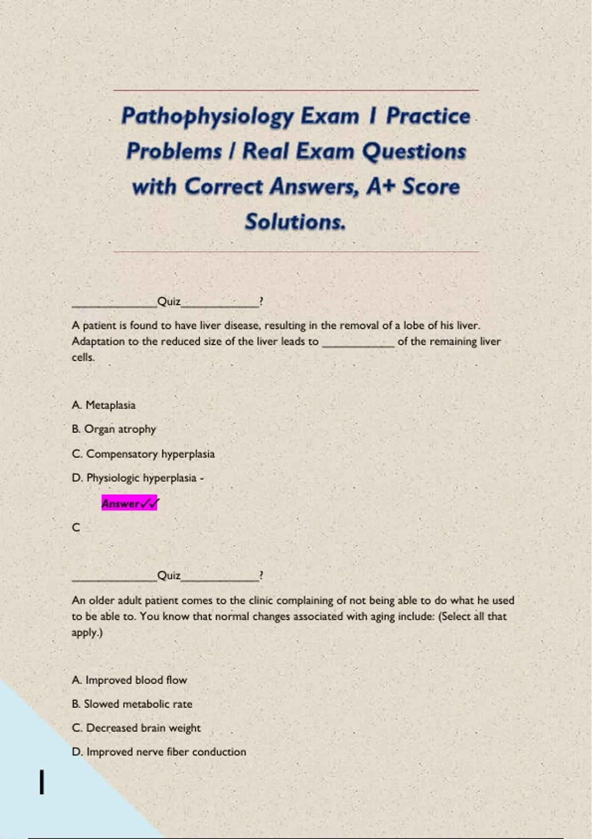 Pathophysiology Exam 1 Practice Problems / Real Exam Questions with Correct Answers, A+ Score ...