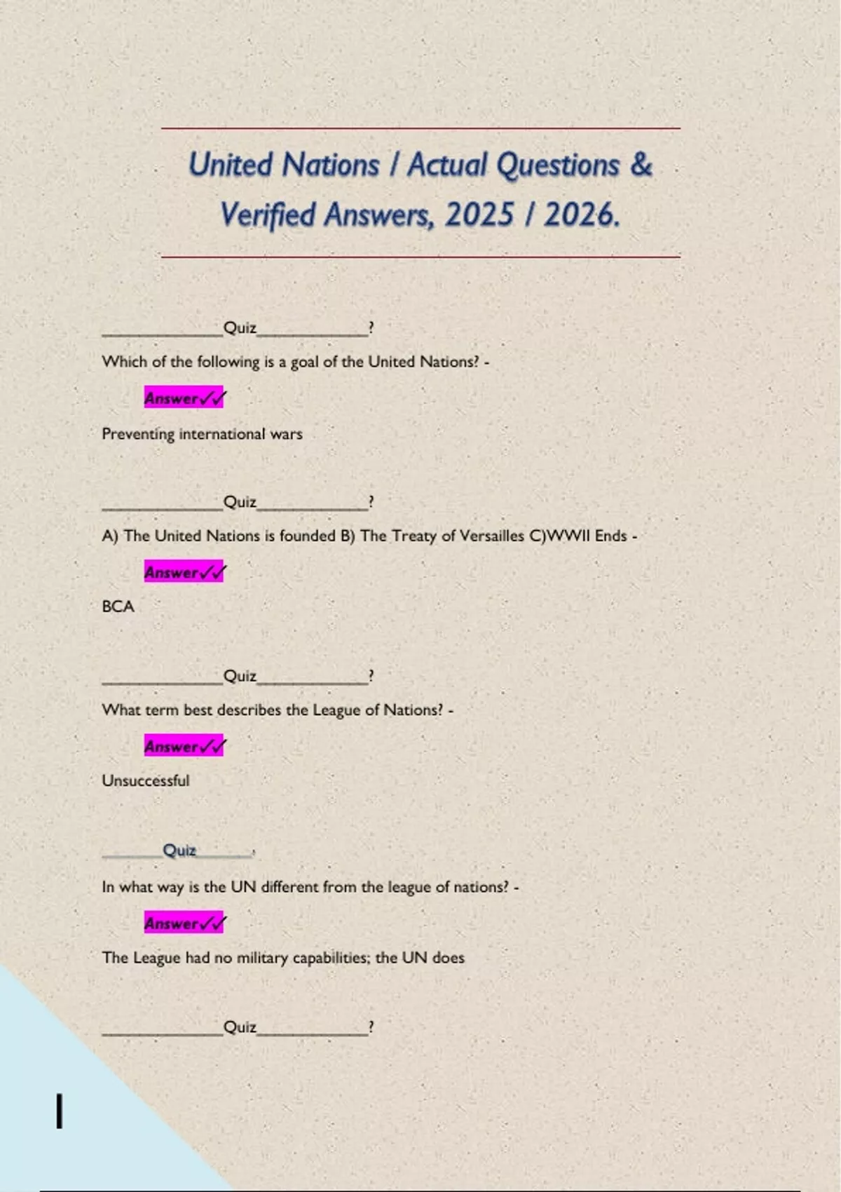 United Nations / Actual Questions & Verified Answers, 2025 / 2026 ...