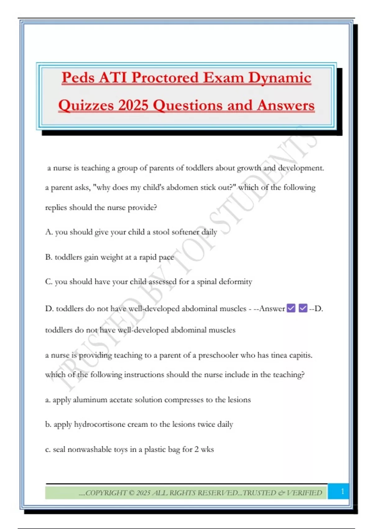 Peds ATI Proctored Exam Dynamic Quizzes 2025 Questions and Answers ...