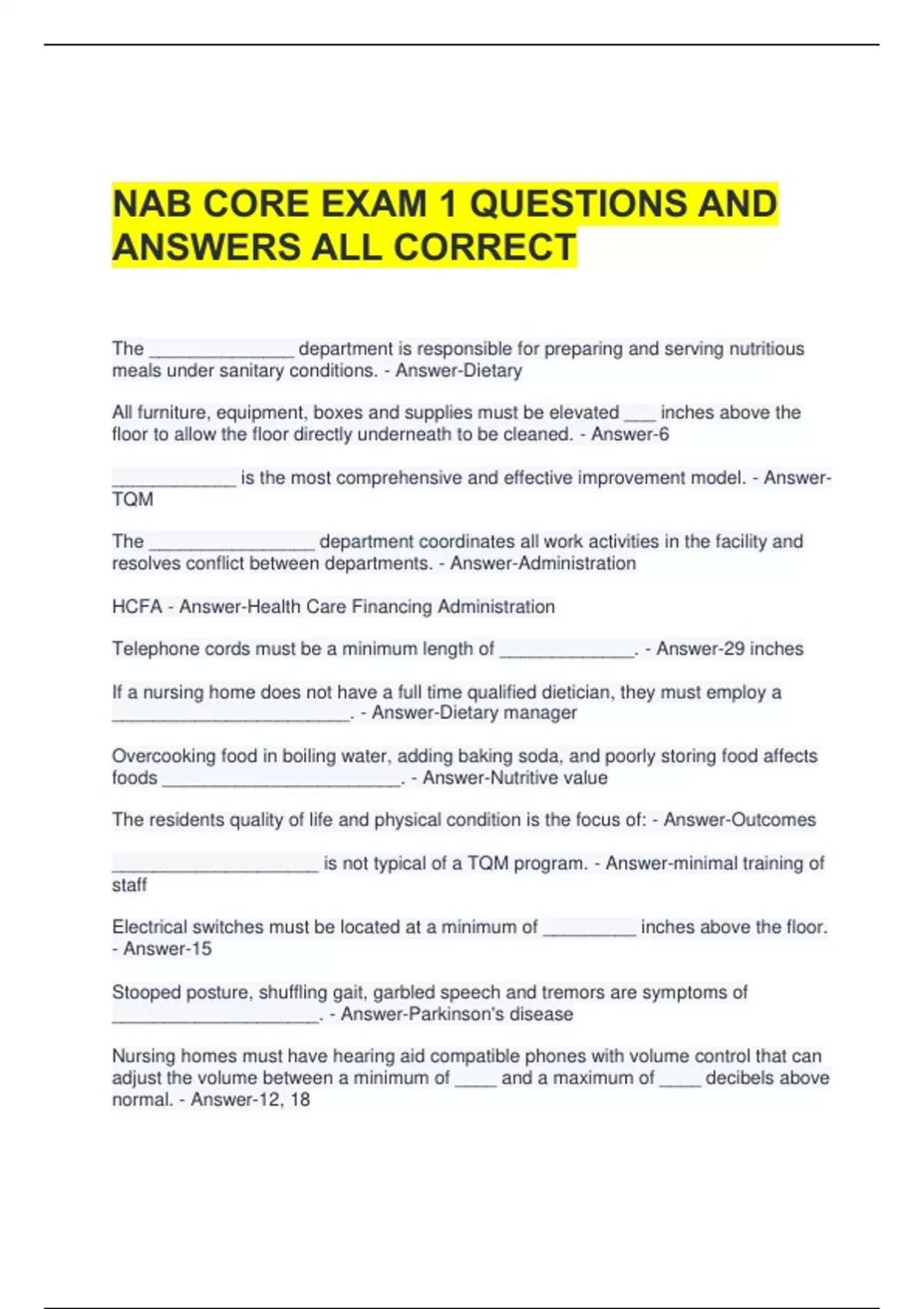 NAB CORE EXAM 1 QUESTIONS AND ANSWERS ALL CORRECT - NAB CORE - Stuvia US