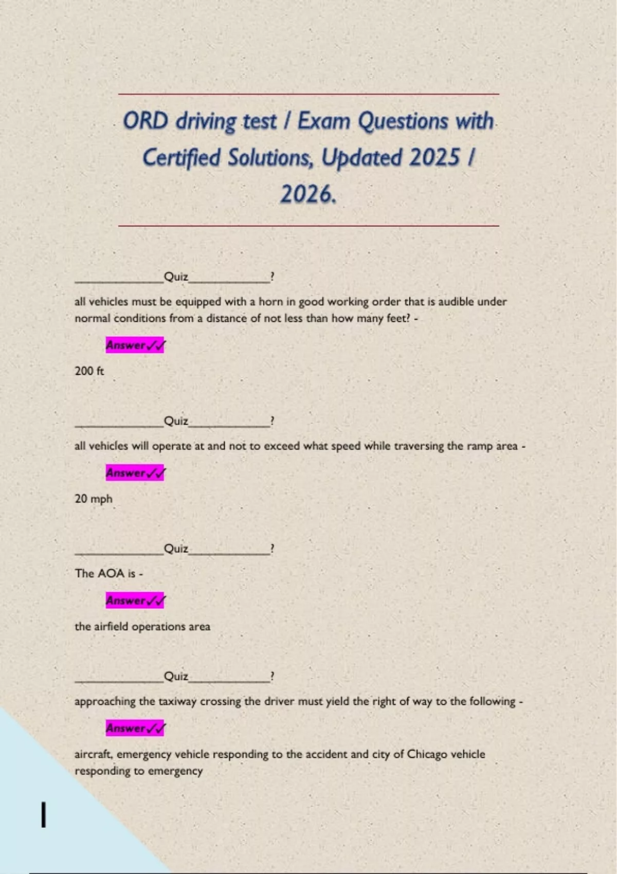 ORD driving test / Exam Questions with Certified Solutions, Updated ...