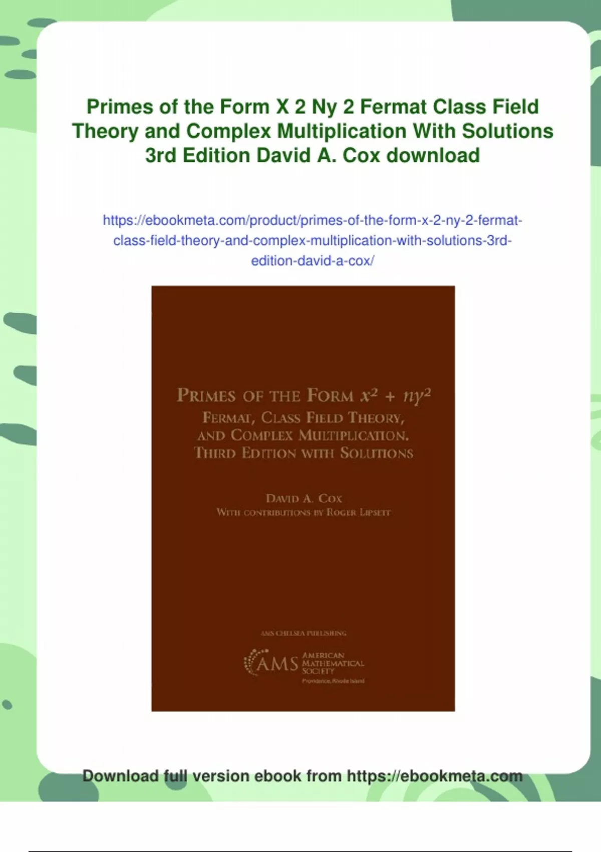 Summary Primes of the Form X 2 Ny 2 Fermat Class Field Theory and Complex Multiplication With ...