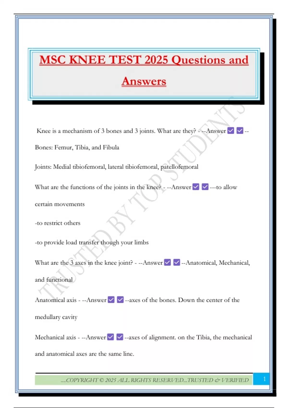 MSC KNEE TEST 2025 Questions and Answers - MSC - Stuvia US