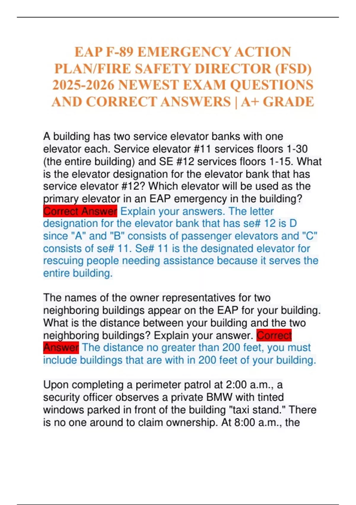 EAP F-89 EMERGENCY ACTION PLAN/FIRE SAFETY DIRECTOR (FSD) NEWEST EXAM ...