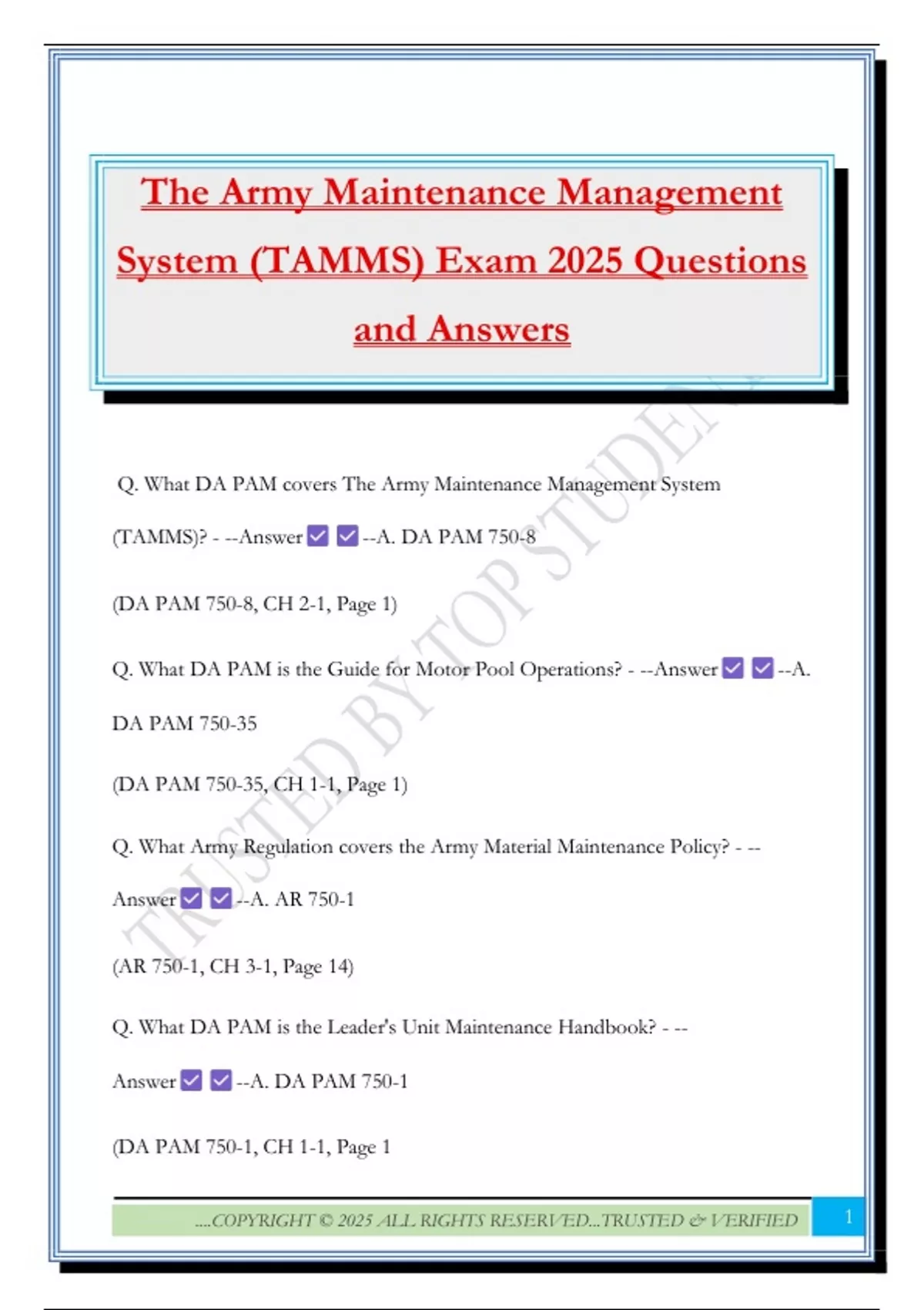 The Army Maintenance Management System (TAMMS) Exam 2025 Questions and ...