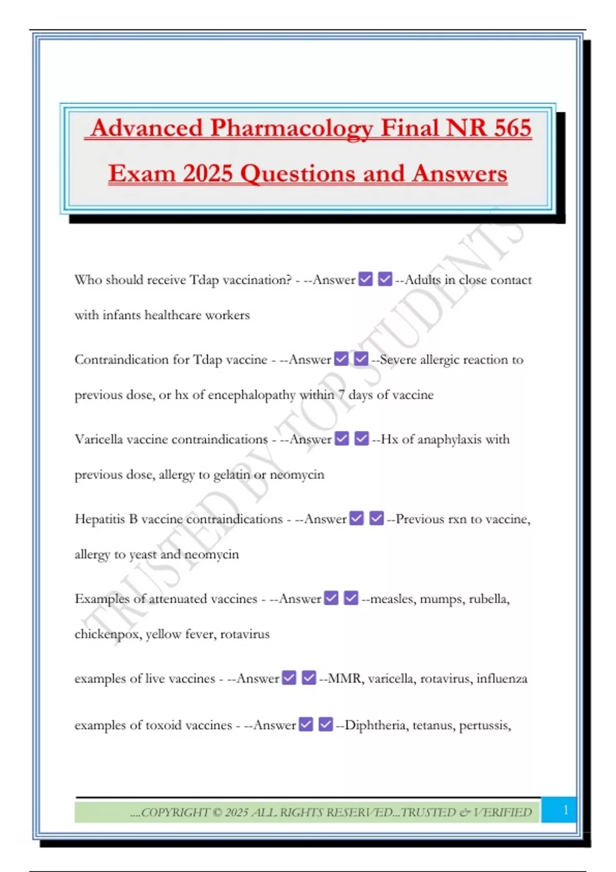 Advanced Pharmacology Final NR 565 Exam 2025 Questions and Answers - NR 565 - Stuvia US