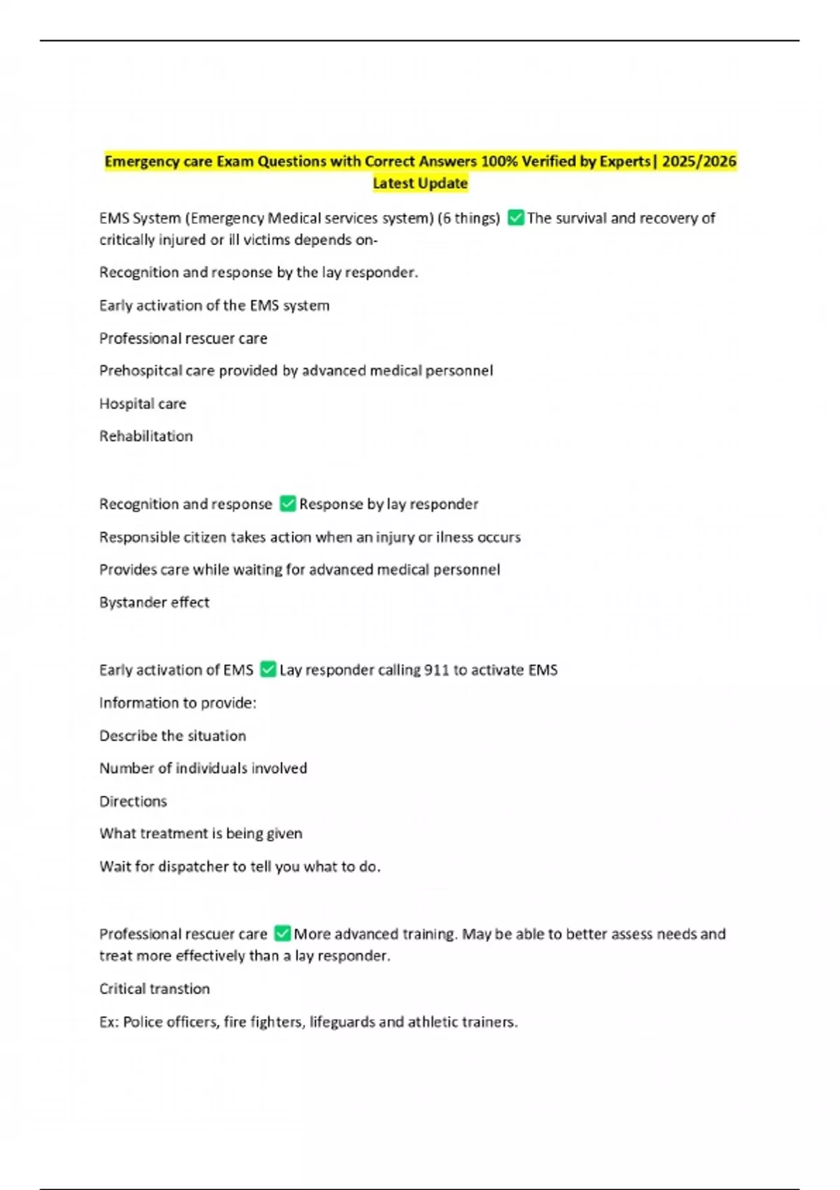 Emergency care Exam Questions with Correct Answers 100% Verified by ...
