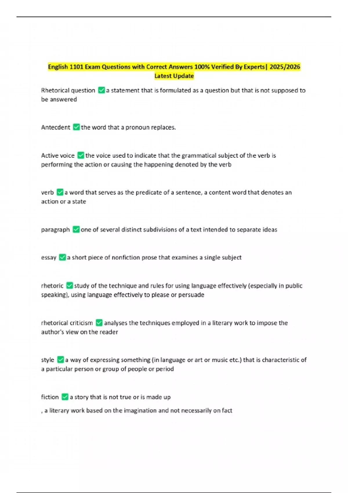 English 1101 Exam Questions with Correct Answers 100% Verified By ...