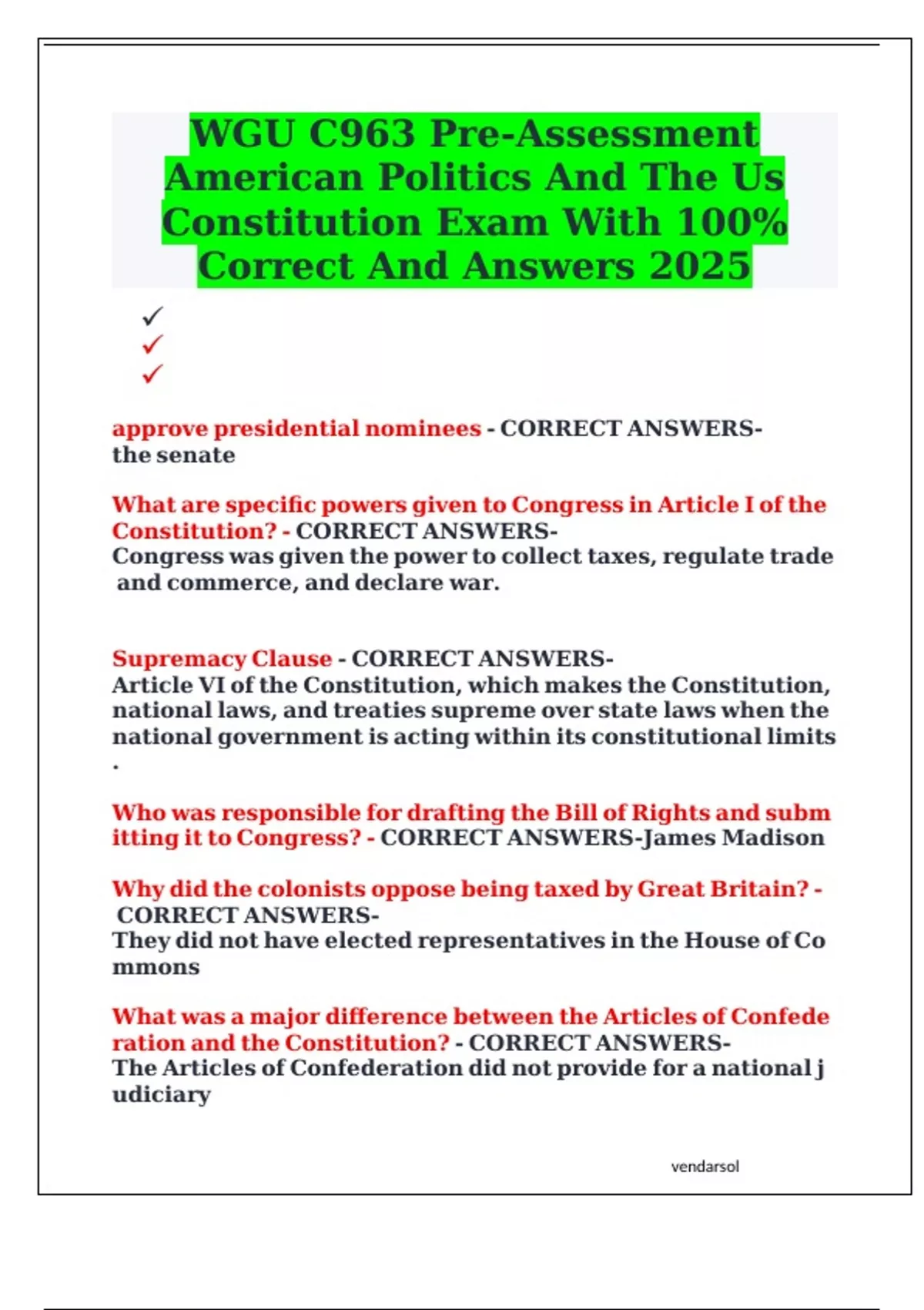 WGU C963 Pre-Assessment American Politics And The Us Constitution Exam ...