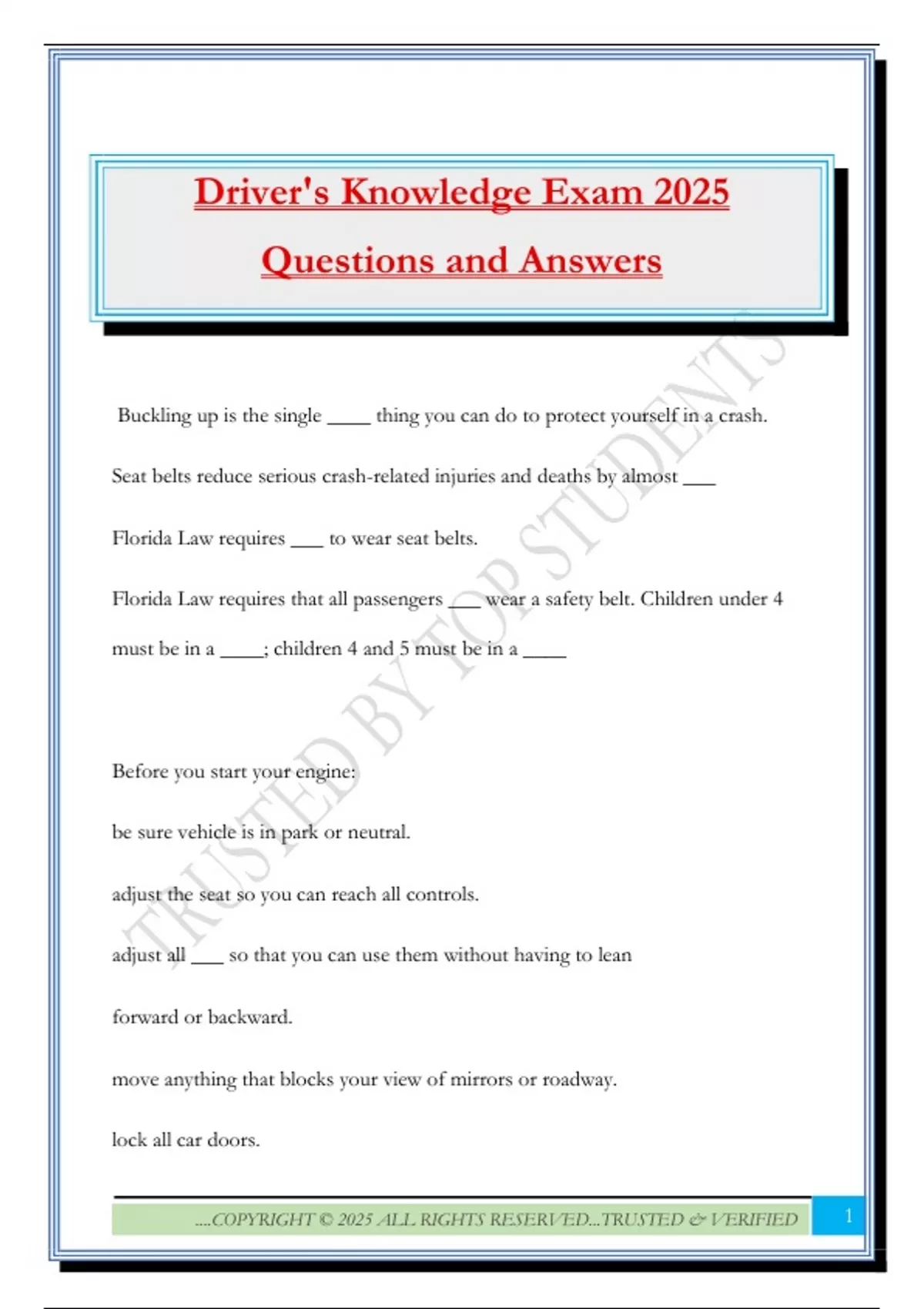 Driver's Knowledge Exam 2025 Questions and Answers - Florida Class E ...