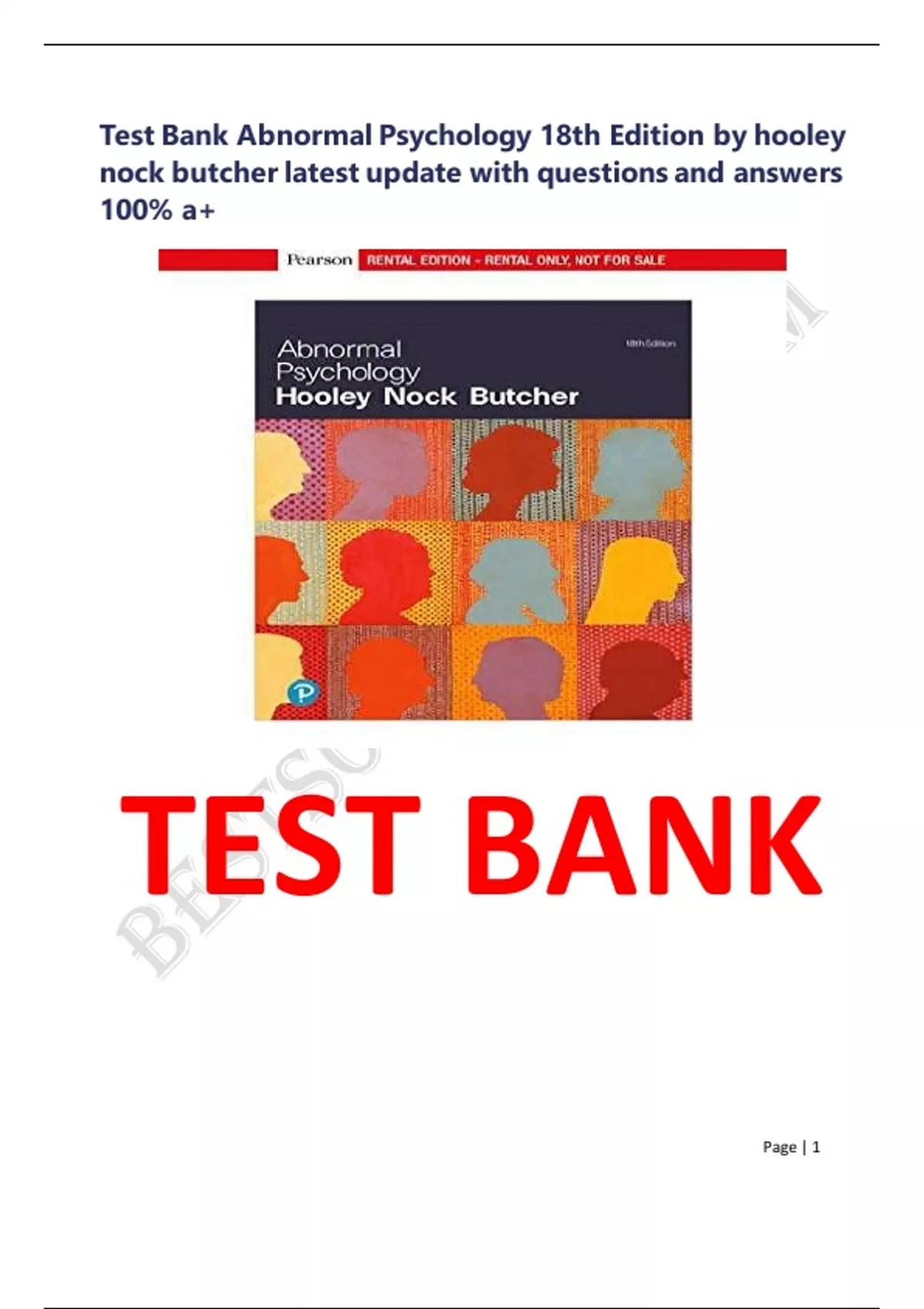 TEST BANK ABNORMAL PSYCHOLOGY 18TH EDITION BY HOOLEY NOCK BUTCHER ...