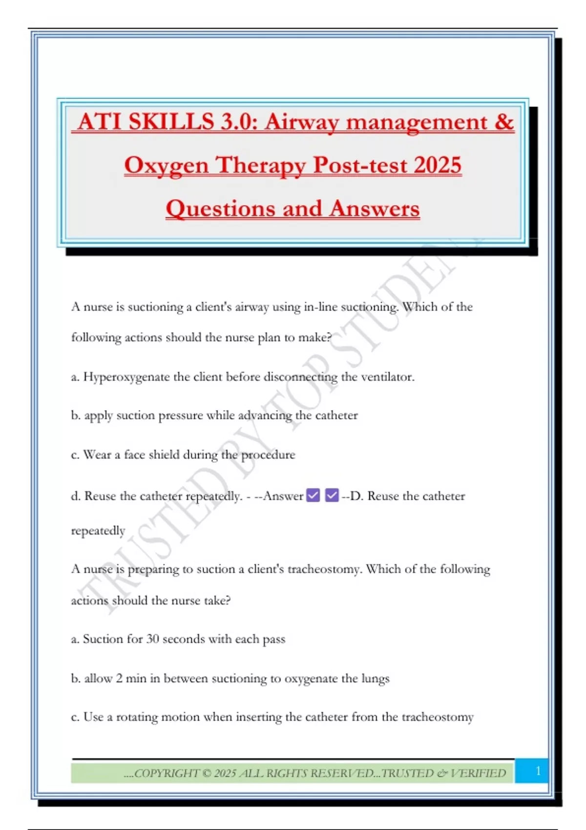 ATI SKILLS 3.0: Airway management & Oxygen Therapy Post-test 2025 ...