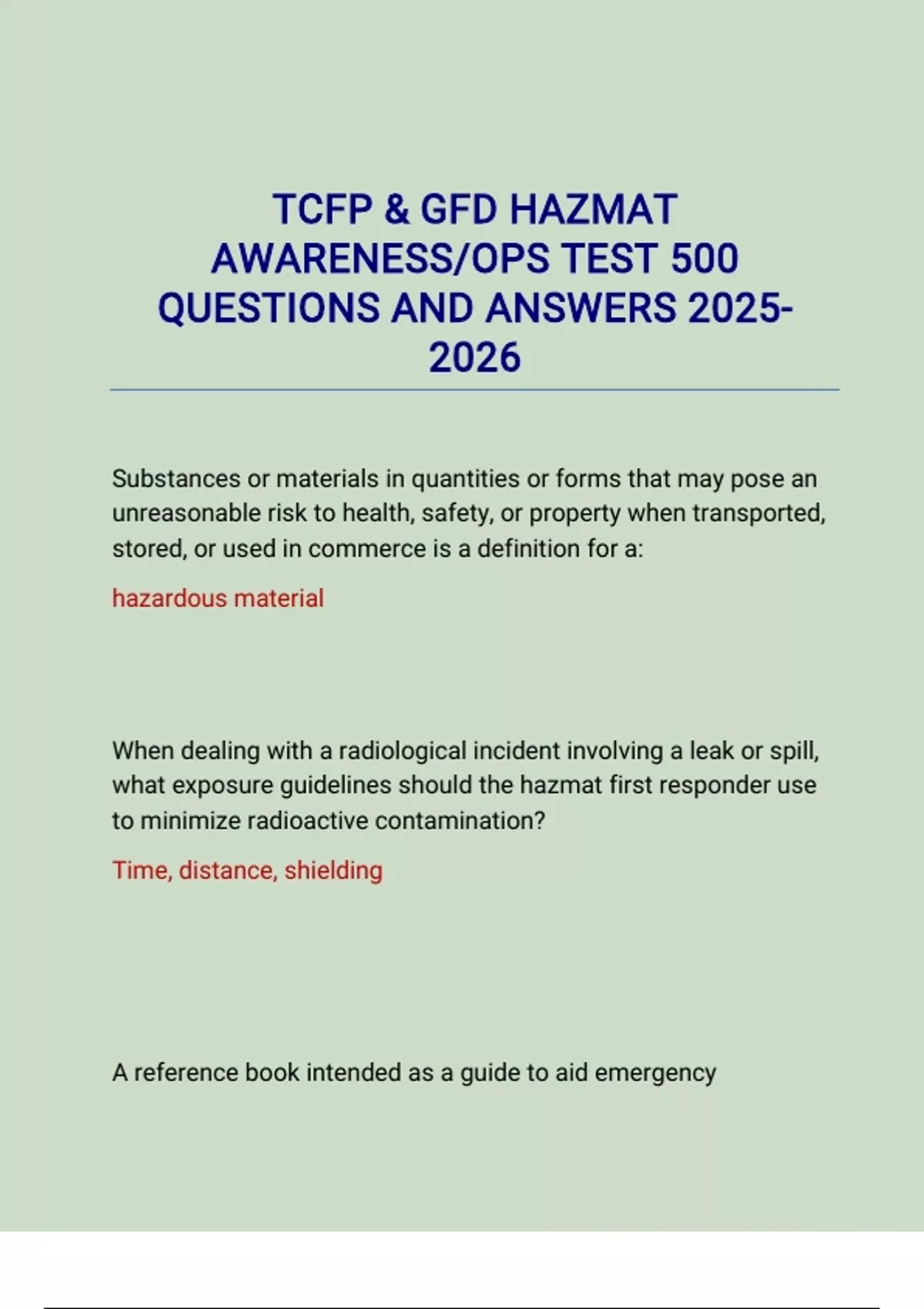 TCFP & GFD HAZMAT AWARENESS / OPS TEST 500 QUESTIONS AND ANSWERS ...