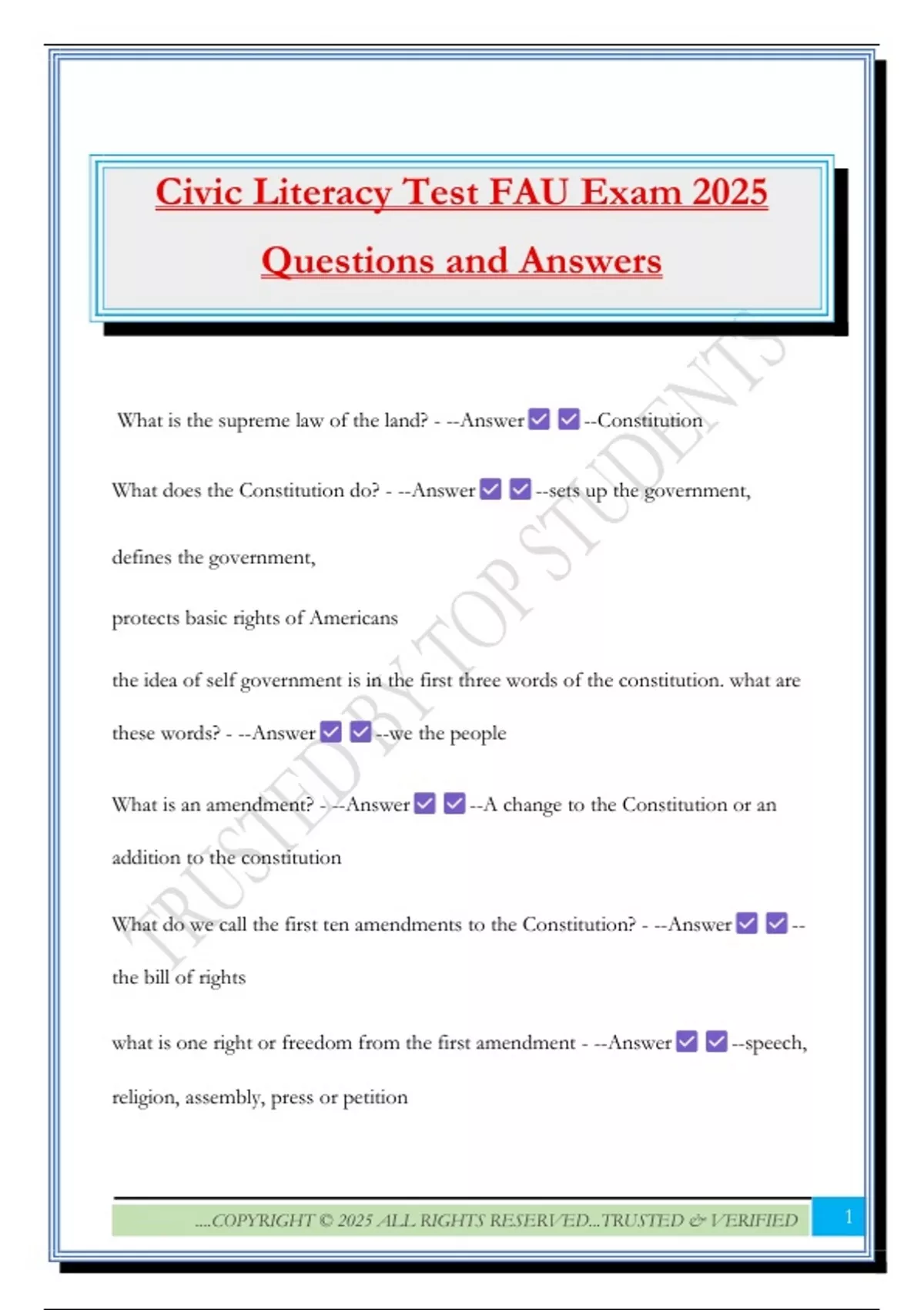 Civic Literacy Test FAU Exam 2025 Questions and Answers - Civic ...