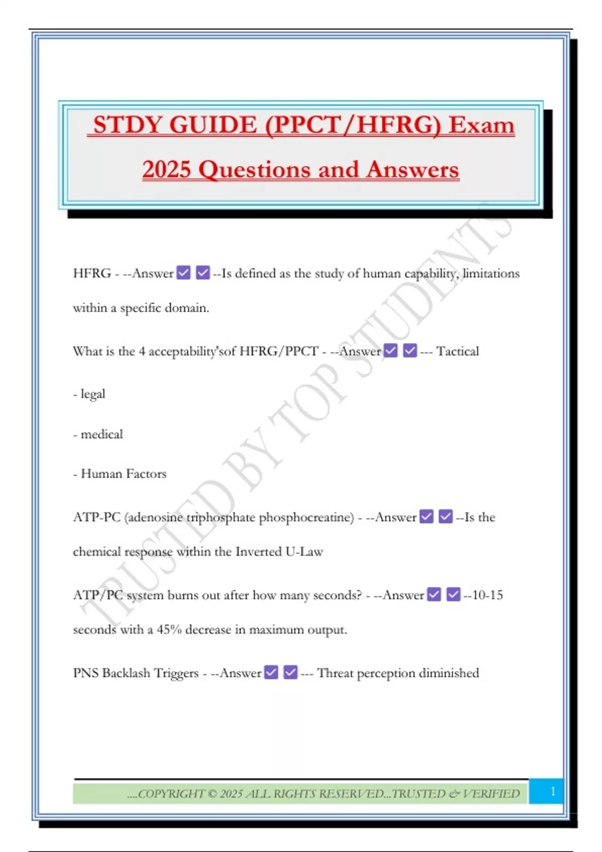 STDY GUIDE (PPCT/HFRG) Exam 2025 Questions and Answers - HFRG - Stuvia US