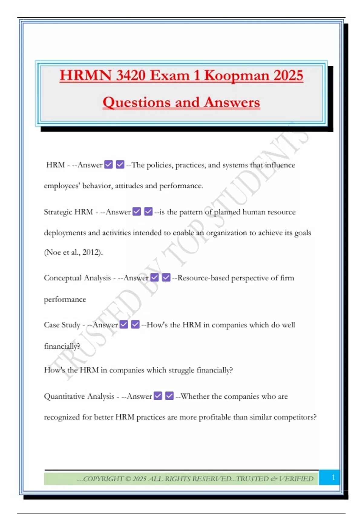 HRMN 3420 Exam 1 Koopman 2025 Questions and Answers - HRMN 3420 - Stuvia US