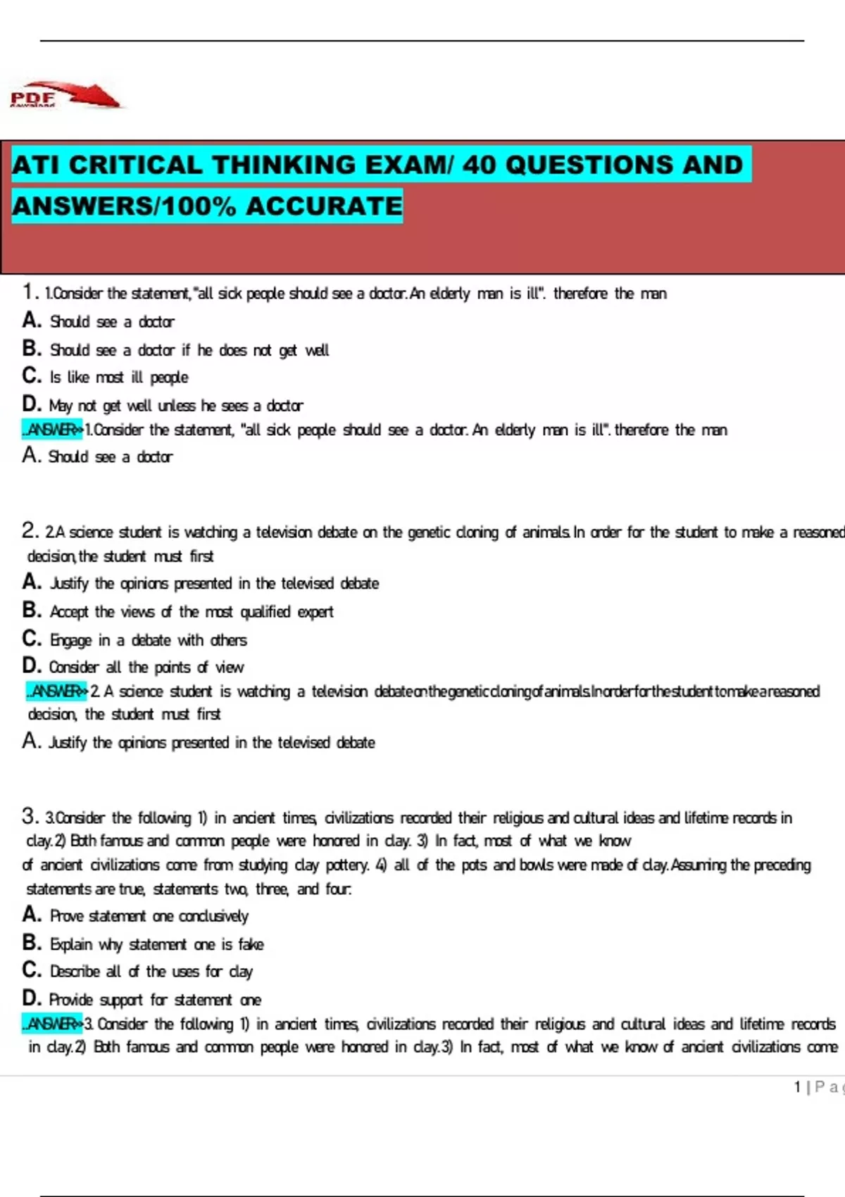 ATI CRITICAL THINKING EXAM/ 40 QUESTIONS AND ANSWERS/100% ACCURATE - ATI CRITICAL THINKING ...