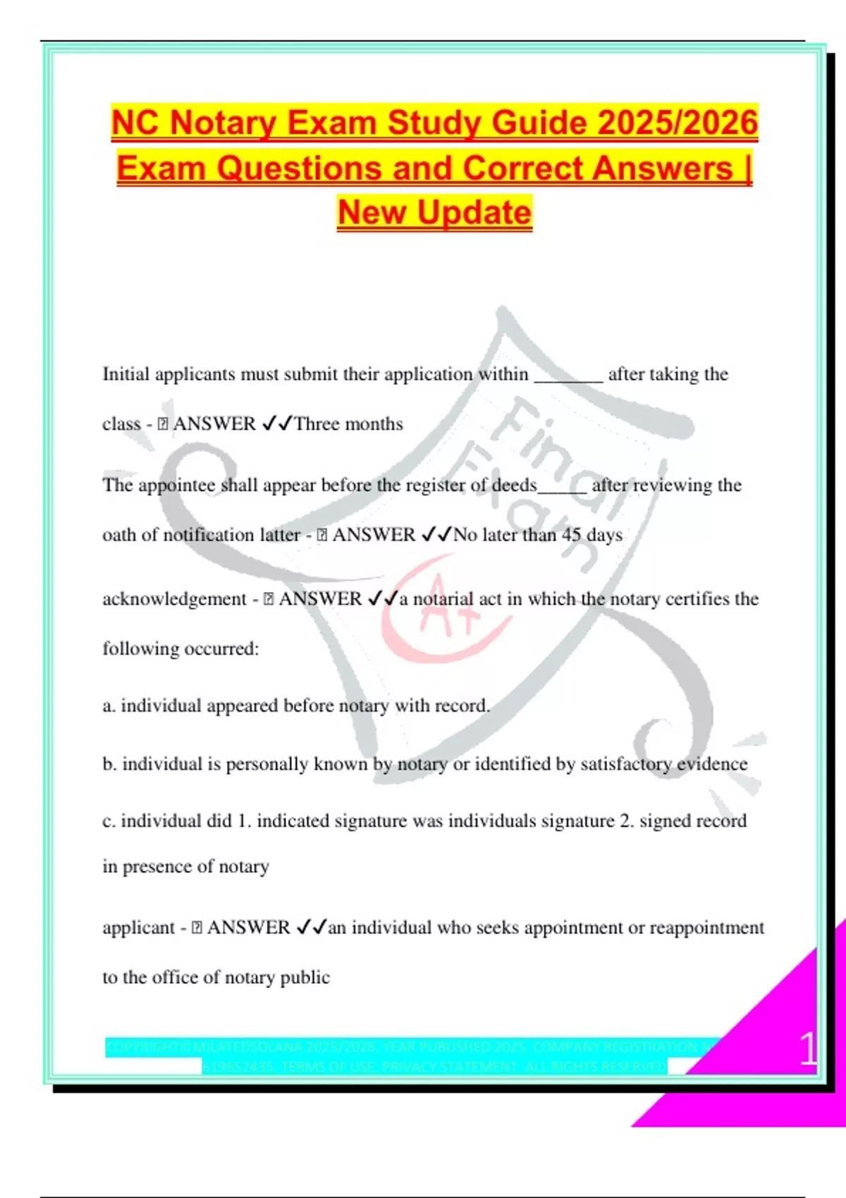 NC Notary Exam Study Guide 2025/2026 – 100+ Updated Q&A on Oaths ...