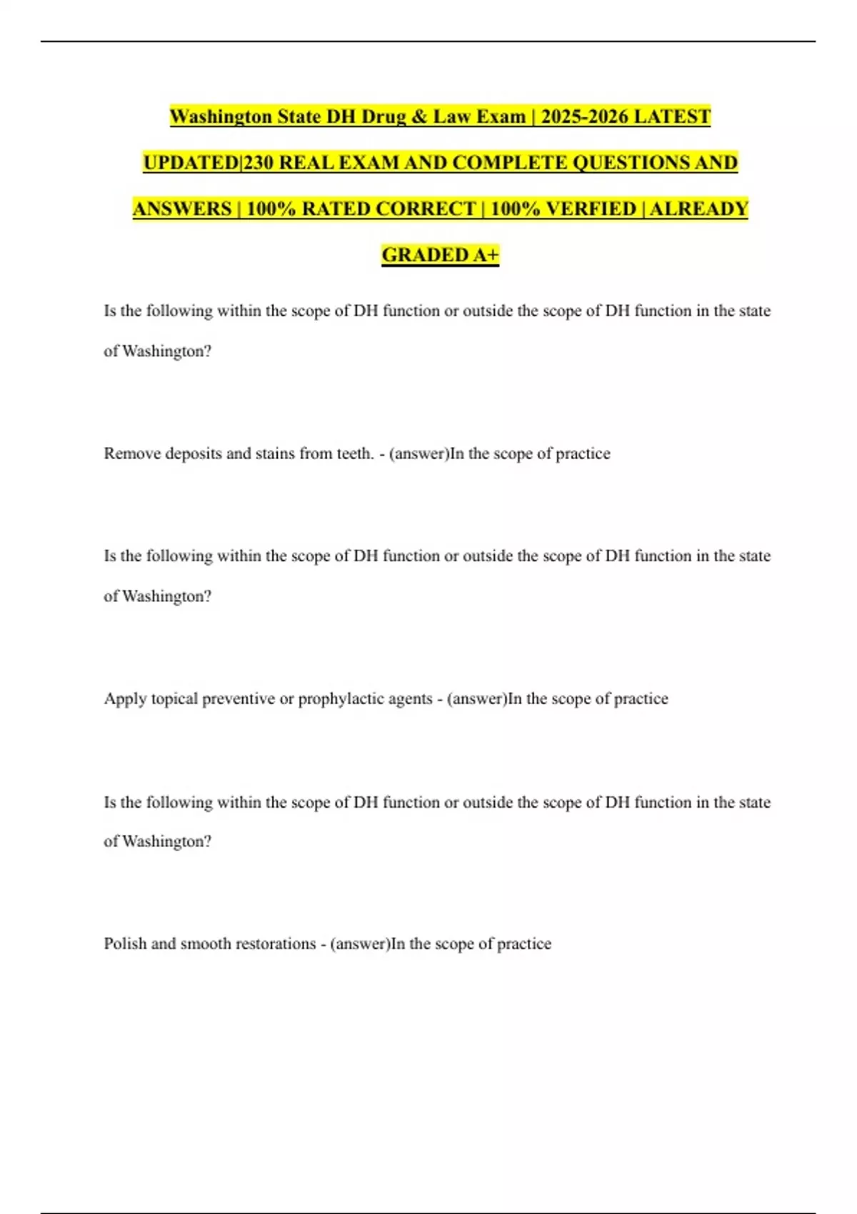 Washington State DH Drug & Law Exam | LATEST UPDATED|230 REAL EXAM AND ...