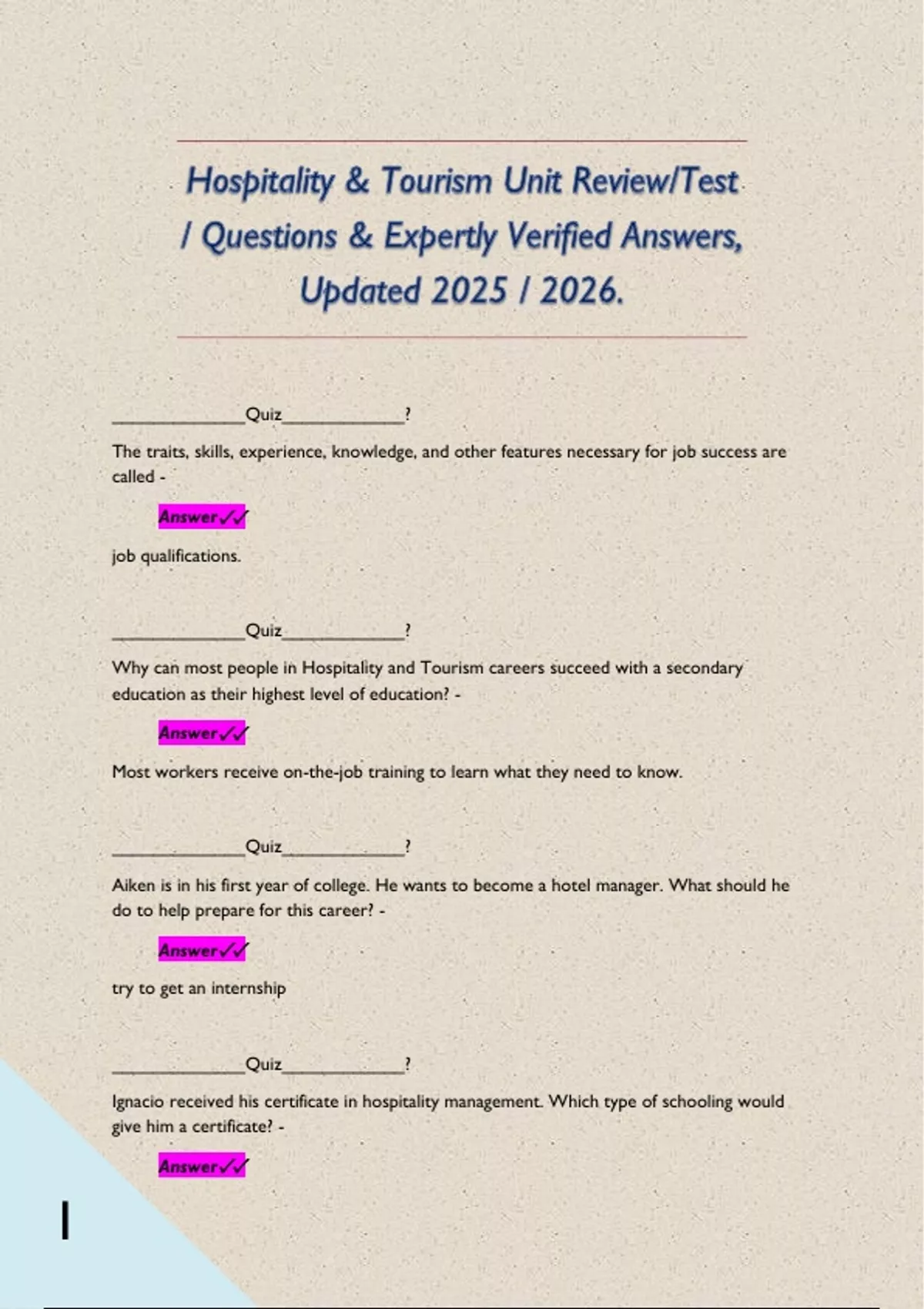 Hospitality & Tourism Unit Review/Test / Questions & Expertly Verified ...