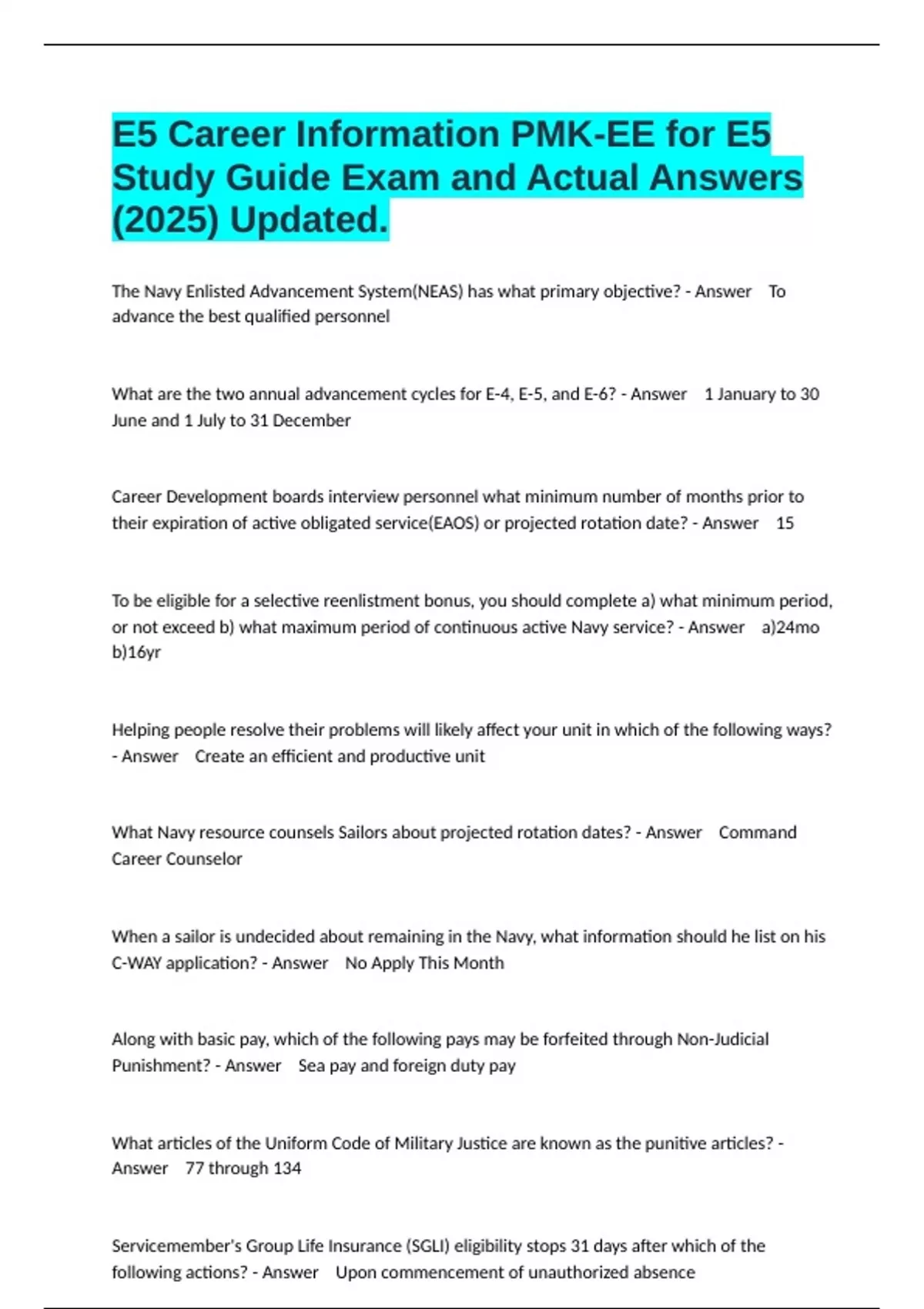 E5 Career Information PMK-EE for E5 Study Guide Exam and Actual Answers ...