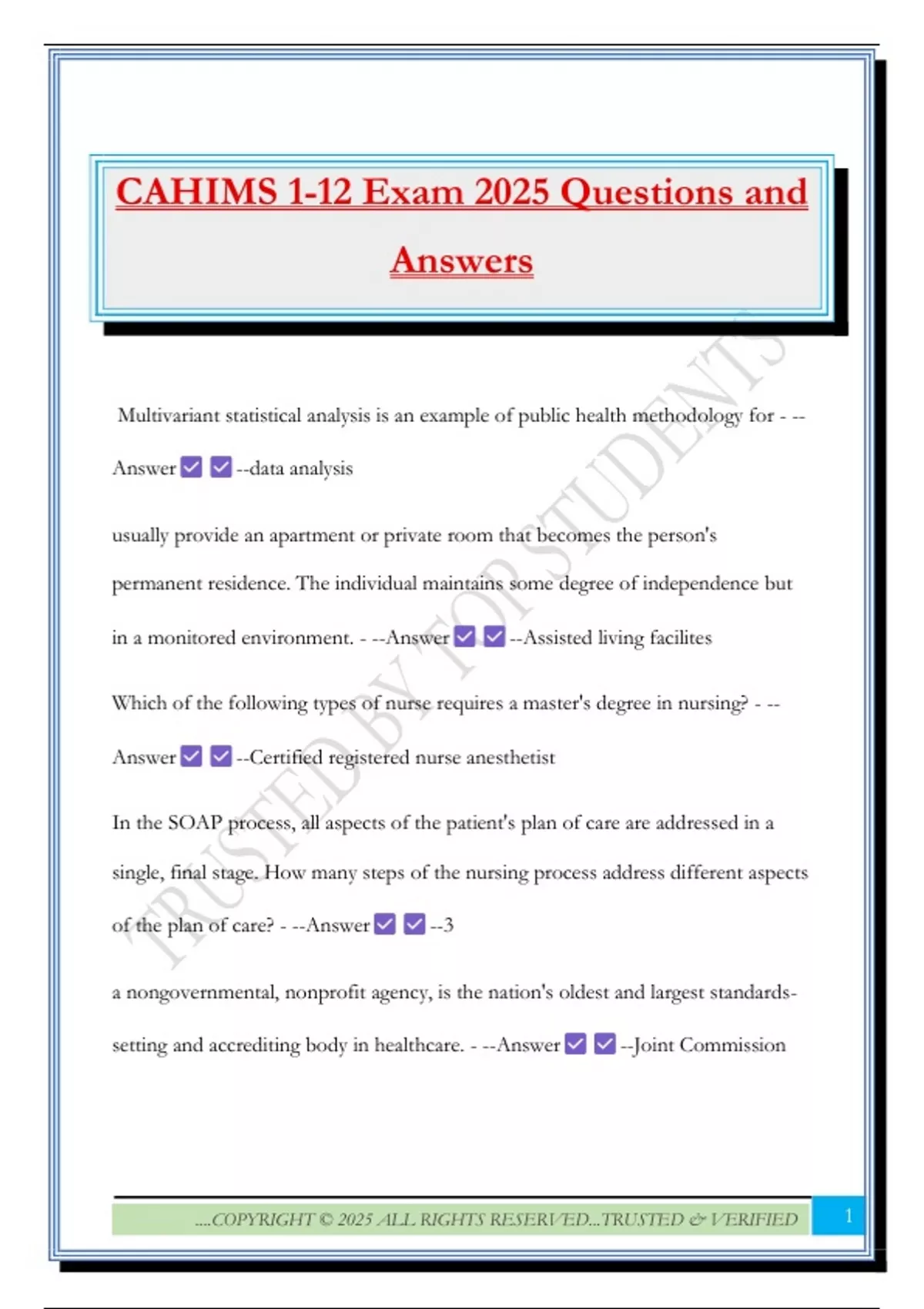 CAHIMS 1-12 Exam 2025 Questions and Answers - CAHIMS - Stuvia US