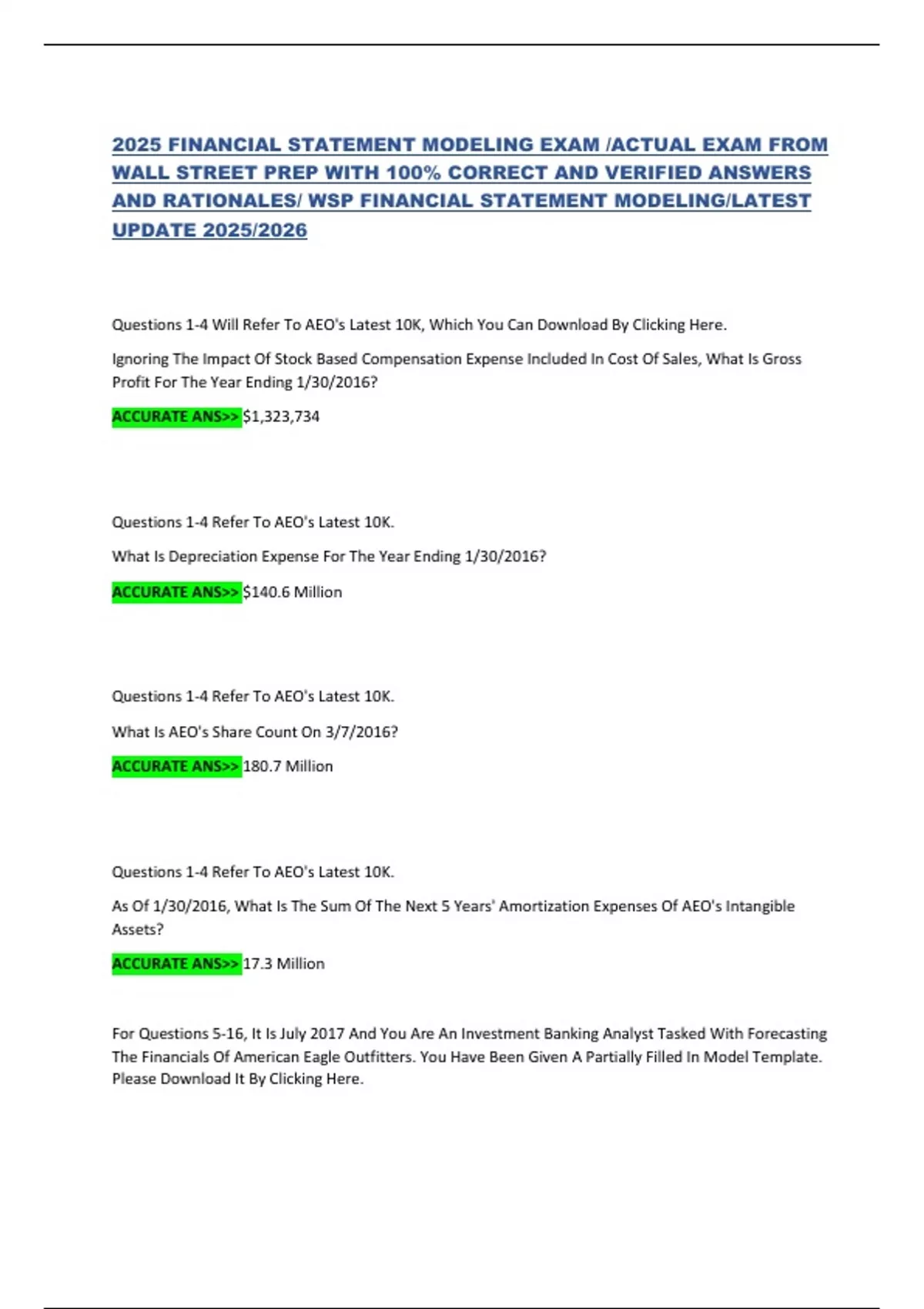 2025 FINANCIAL STATEMENT MODELING EXAM /ACTUAL EXAM FROM WALL STREET ...