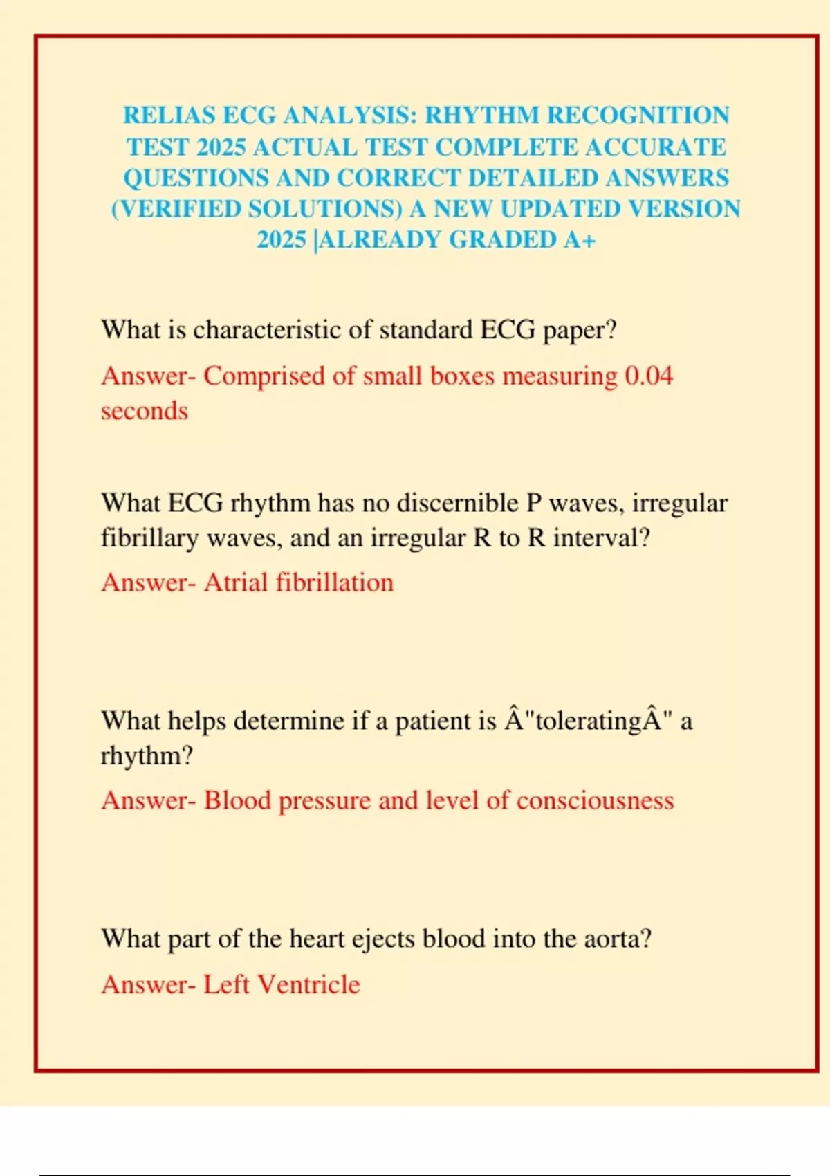 RELIAS ECG ANALYSIS: RHYTHM RECOGNITION TEST 2025 ACTUAL TEST COMPLETE ...