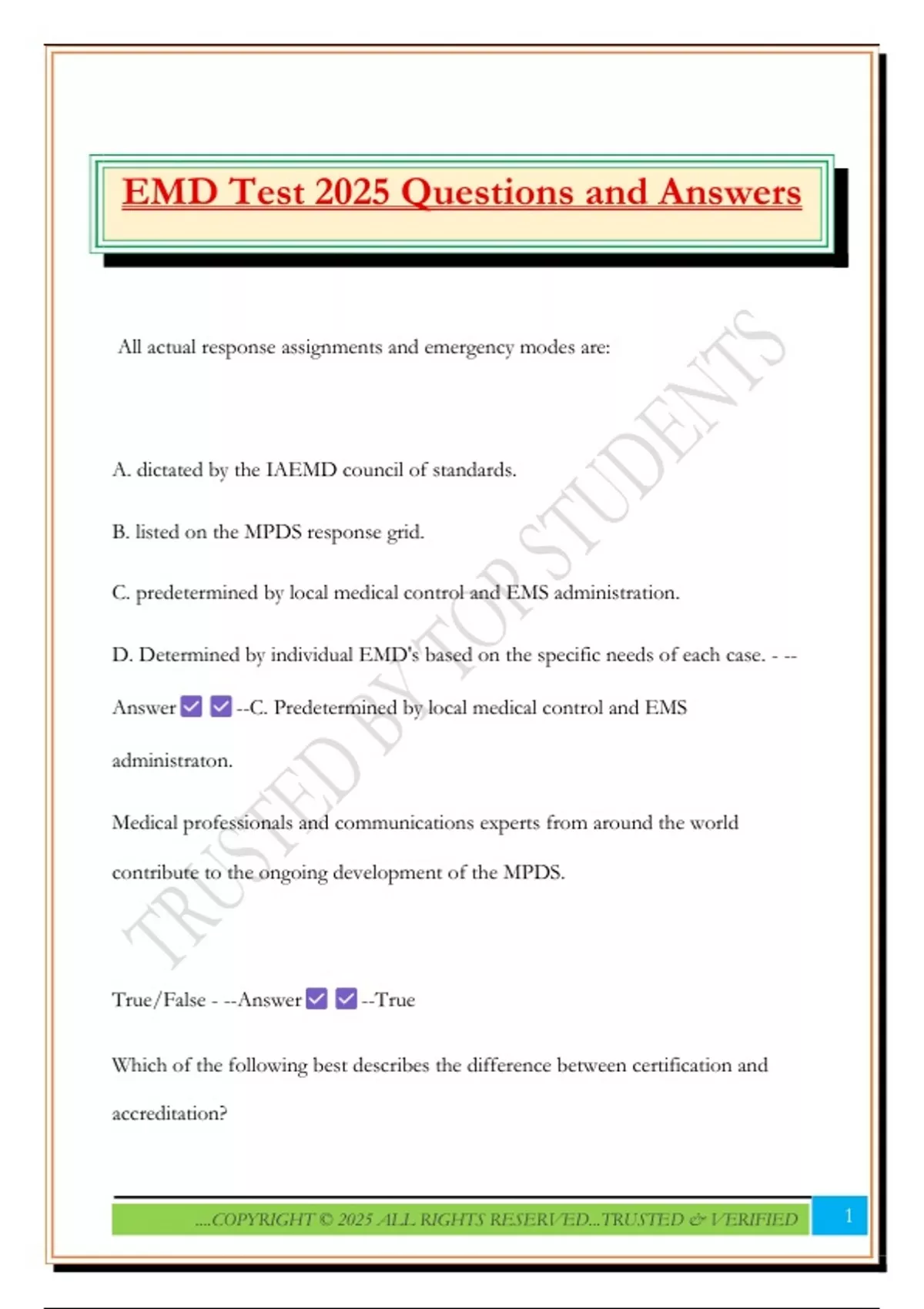 EMD Test 2025 Questions and Answers - EMD - Emergency Medical ...