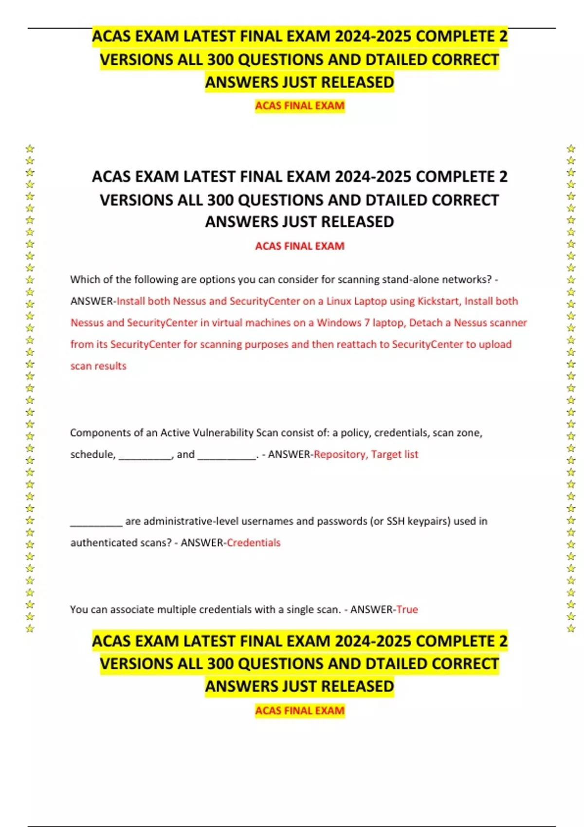 ACAS EXAM LATEST FINAL EXAM COMPLETE 2 VERSIONS ALL 300 QUESTIONS AND ...