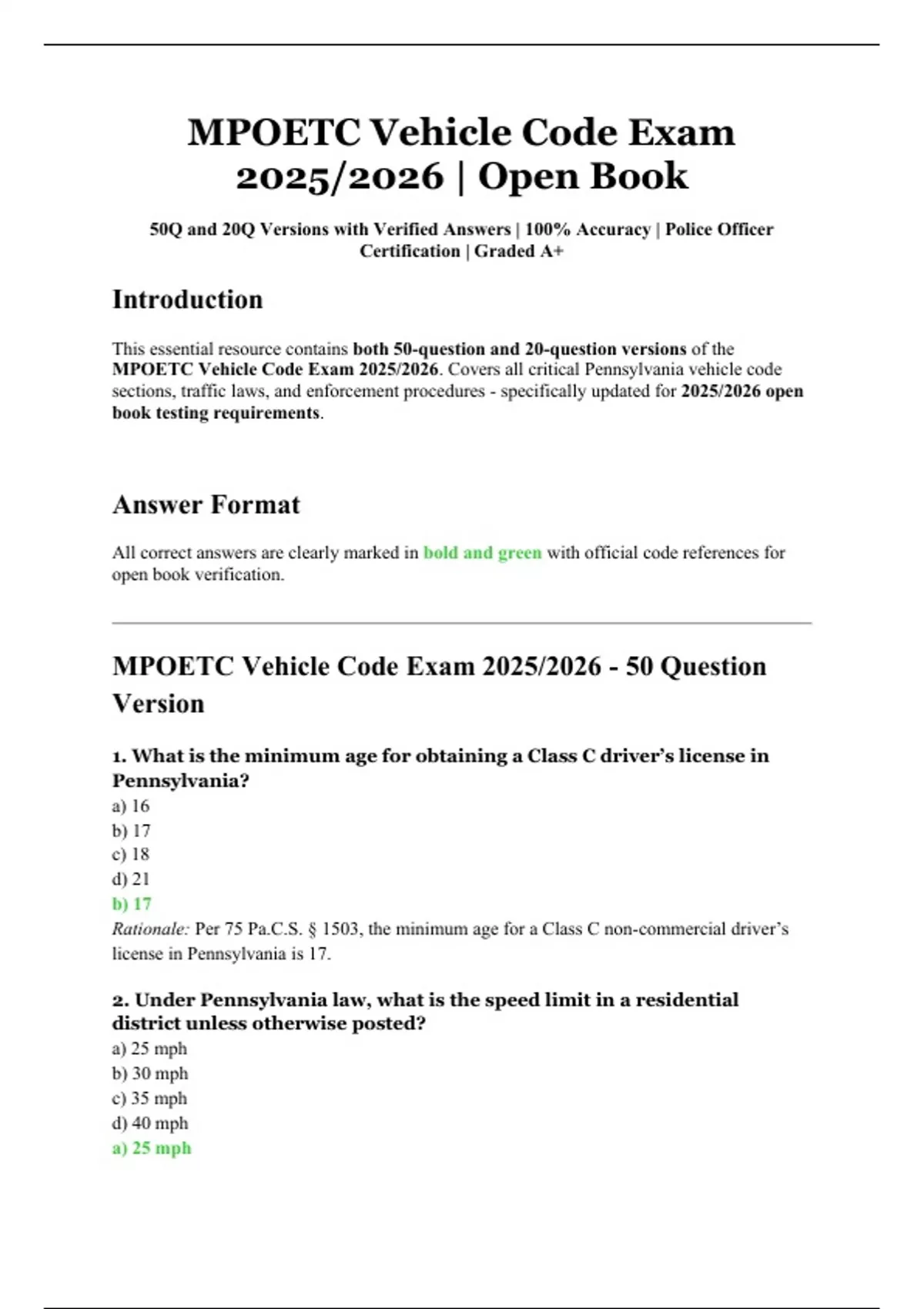 MPOETC Vehicle Code Exam 2025/2026 | Open Book | 50Q and 20Q Versions ...