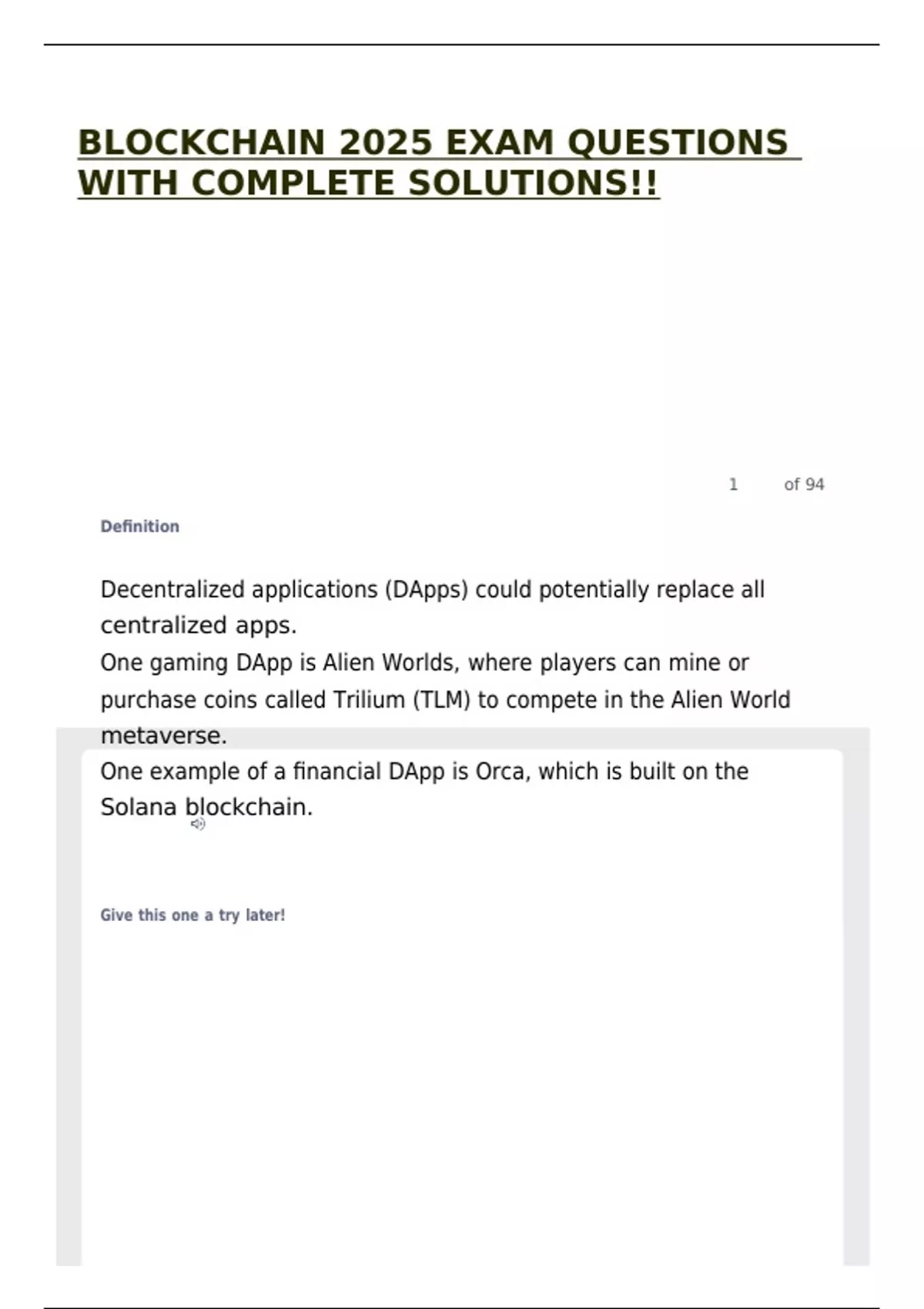 BLOCKCHAIN 2025 EXAM QUESTIONS WITH COMPLETE SOLUTIONS!! - BLOCKCHAIN - Stuvia US