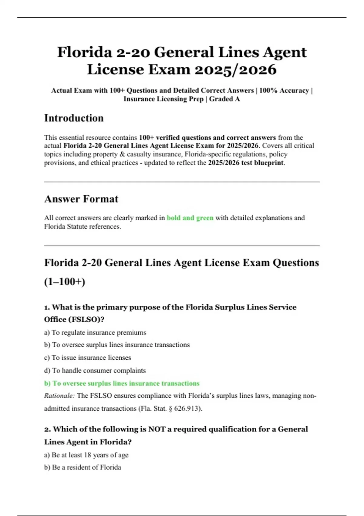 Florida 2-20 General Lines Agent License Exam 2025/2026 | Actual Exam ...