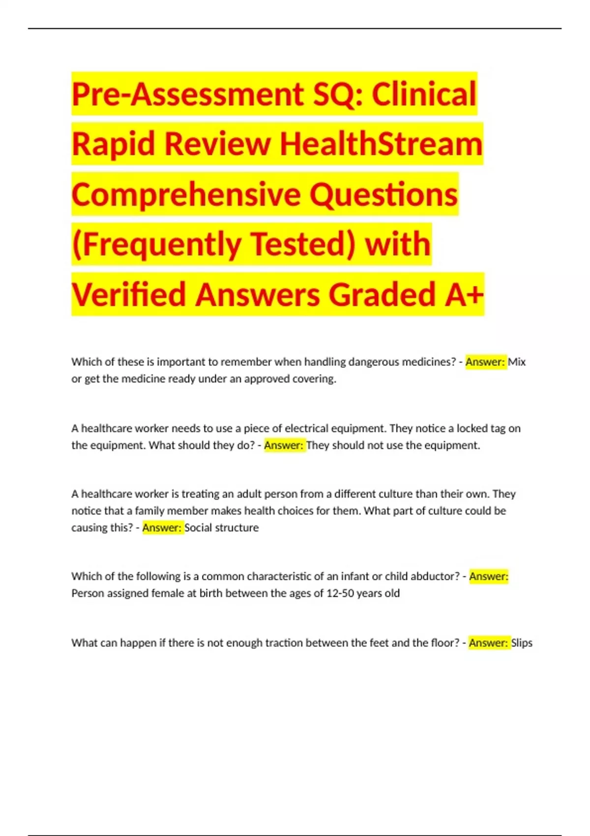 Pre-Assessment SQ Clinical Rapid Review HealthStream Comprehensive ...