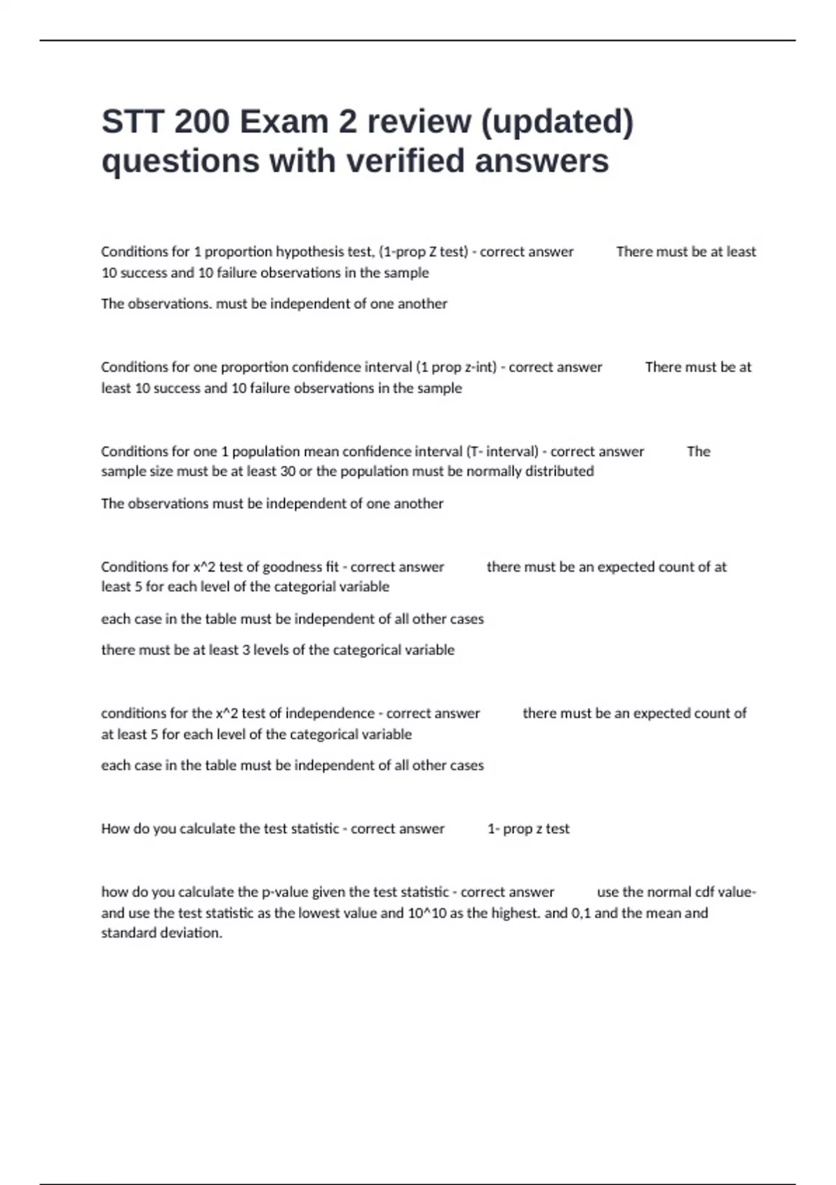 STT 200 Exam 2 review (updated) questions with verified answers - STT ...