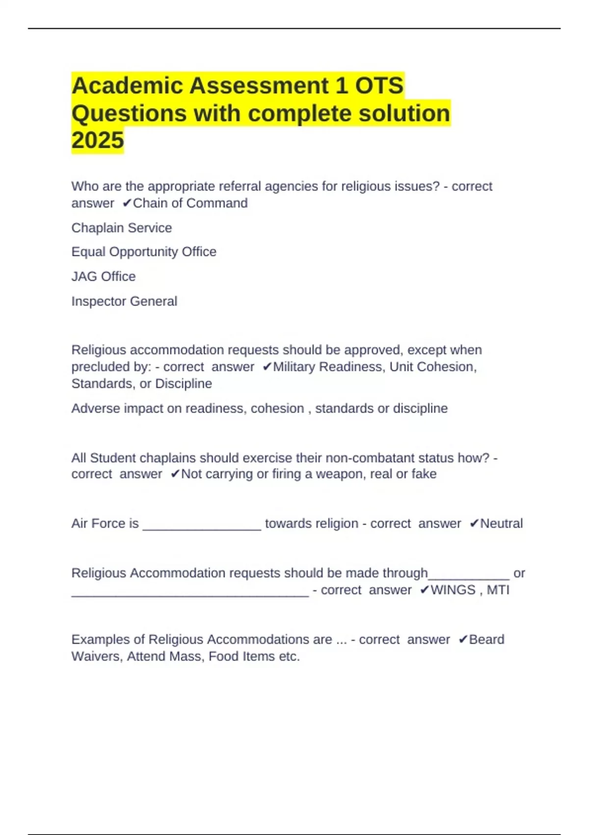 Academic Assessment 1 OTS Questions with complete solution 2025 ...