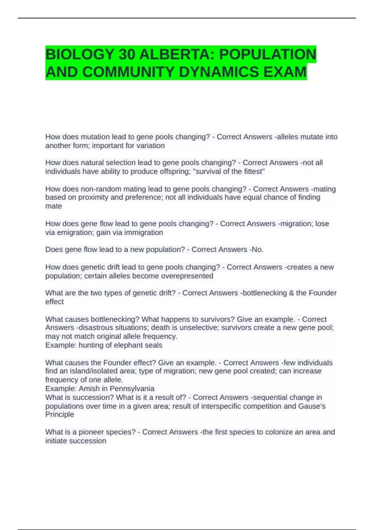 BIOLOGY 30 ALBERTA POPULATION AND COMMUNITY DYNAMICS EXAM QUESTIONS AND ...