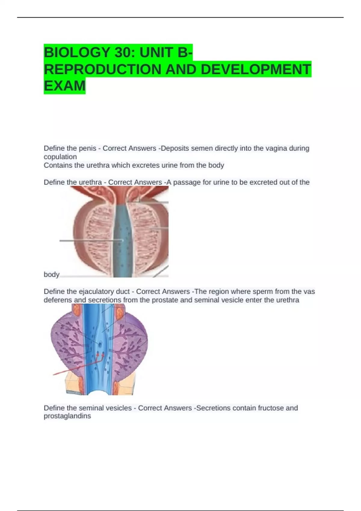 BIOLOGY 30 UNIT B- REPRODUCTION AND DEVELOPMENT EXAM QUESTIONS WITH 100 ...