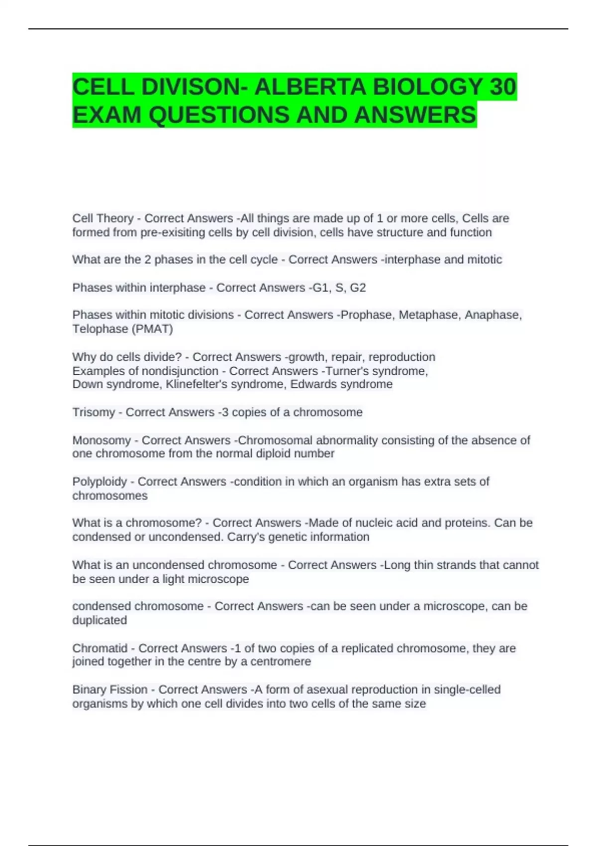CELL DIVISON- ALBERTA BIOLOGY 30 EXAM QUESTIONS AND ANSWERS - BIOLOGY ...