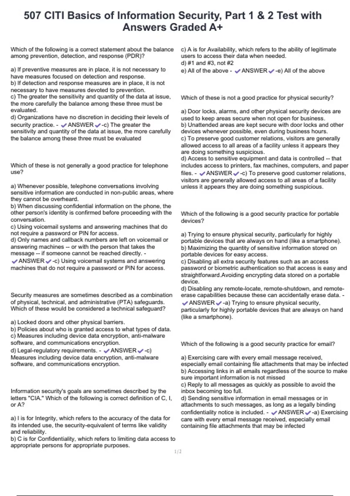 507 CITI Basics of Information Security, Part 1 & 2 Test with Answers ...