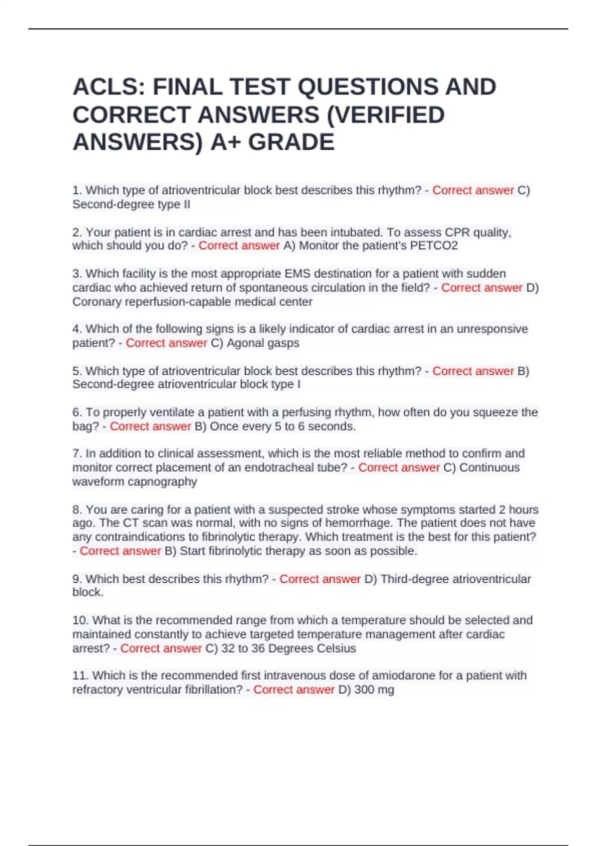 Advanced Cardiovascular Life Support (ACLS) – Final Exam Questions and ...