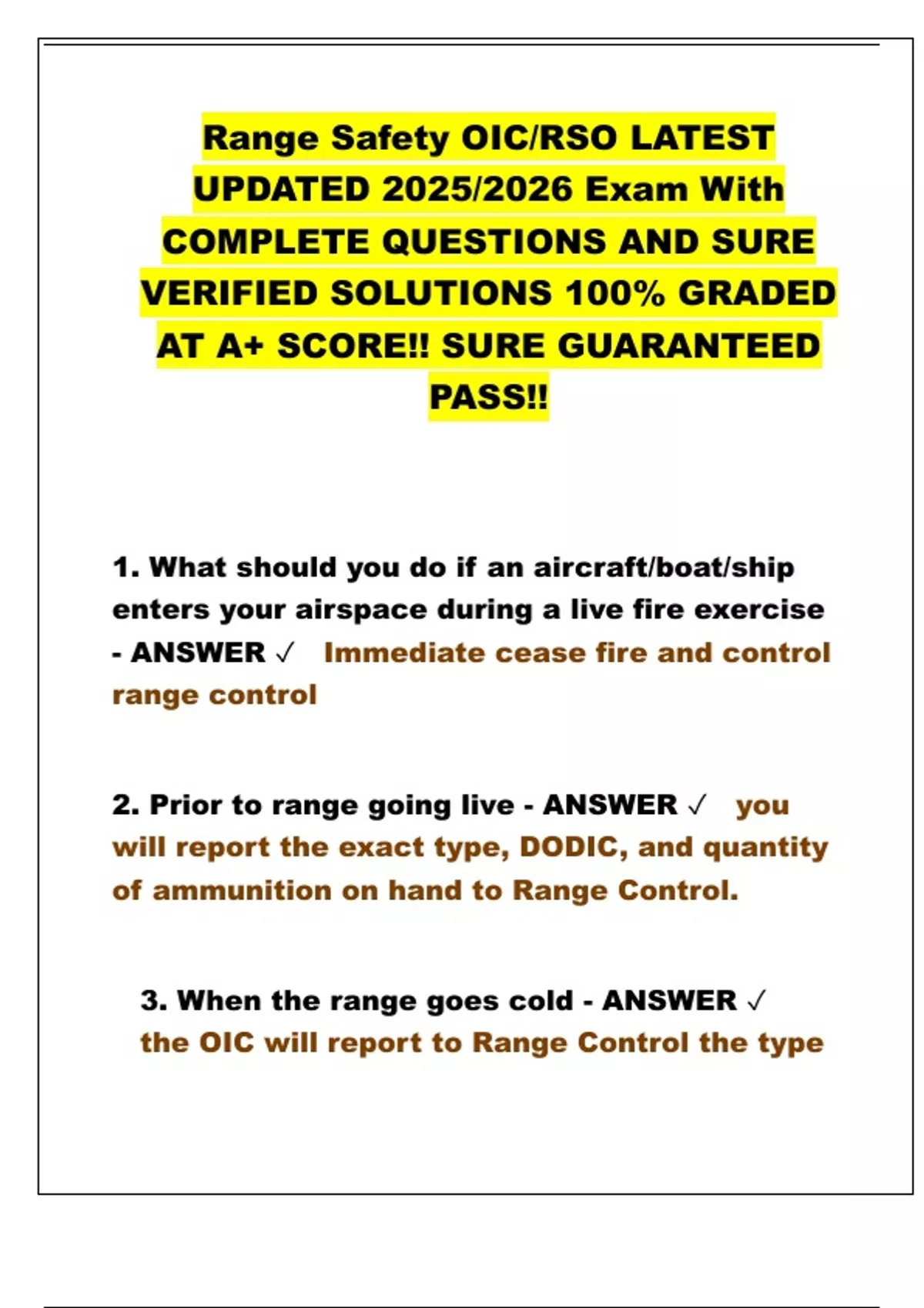 Range Safety OIC/RSO LATEST UPDATED 2025/2026 Exam With COMPLETE ...