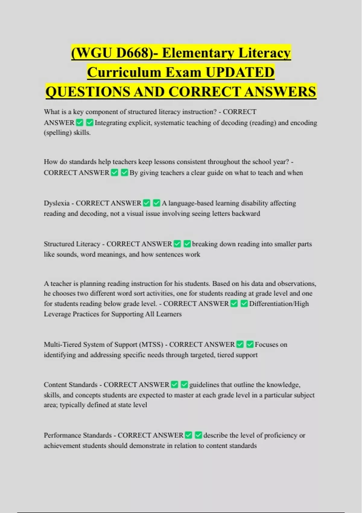 (WGU D668)- Elementary Literacy Curriculum Exam UPDATED QUESTIONS AND ...