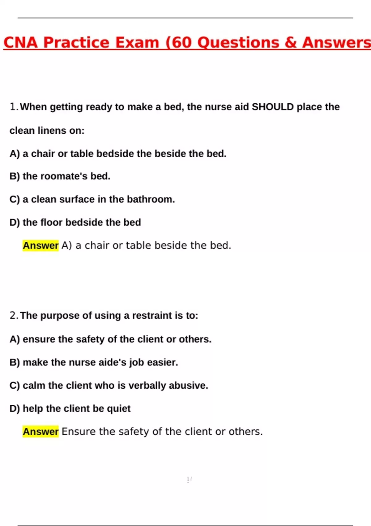 CNA Practice Exam (60 Questions) (Latest 2025 / 2026 Update) Questions ...