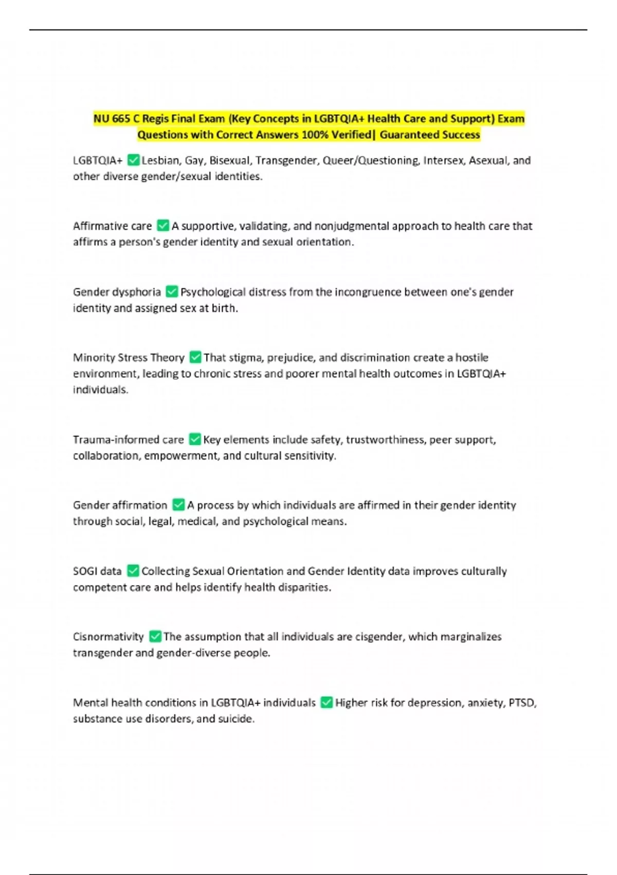 NU 665 C Regis Final Exam (Key Concepts in LGBTQIA+ Health Care and ...