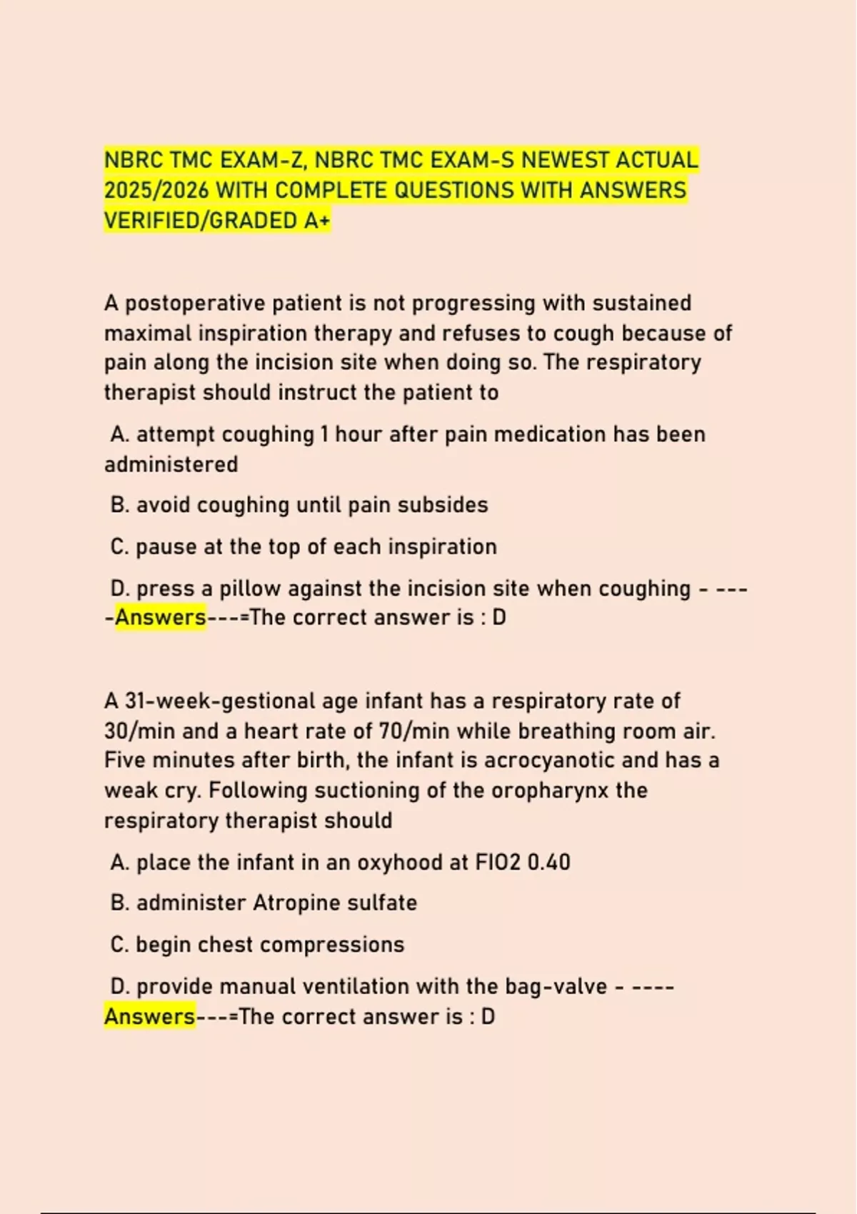 NBRC TMC EXAM-Z, NBRC TMC EXAM-S NEWEST ACTUAL 2025/2026 WITH COMPLETE ...