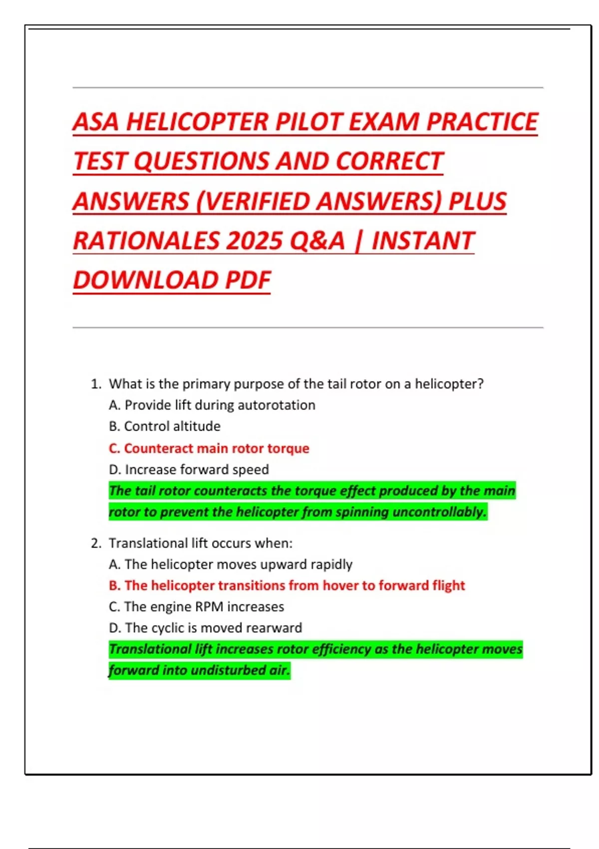 ASA HELICOPTER PILOT EXAM PRACTICE TEST QUESTIONS AND CORRECT ANSWERS ...