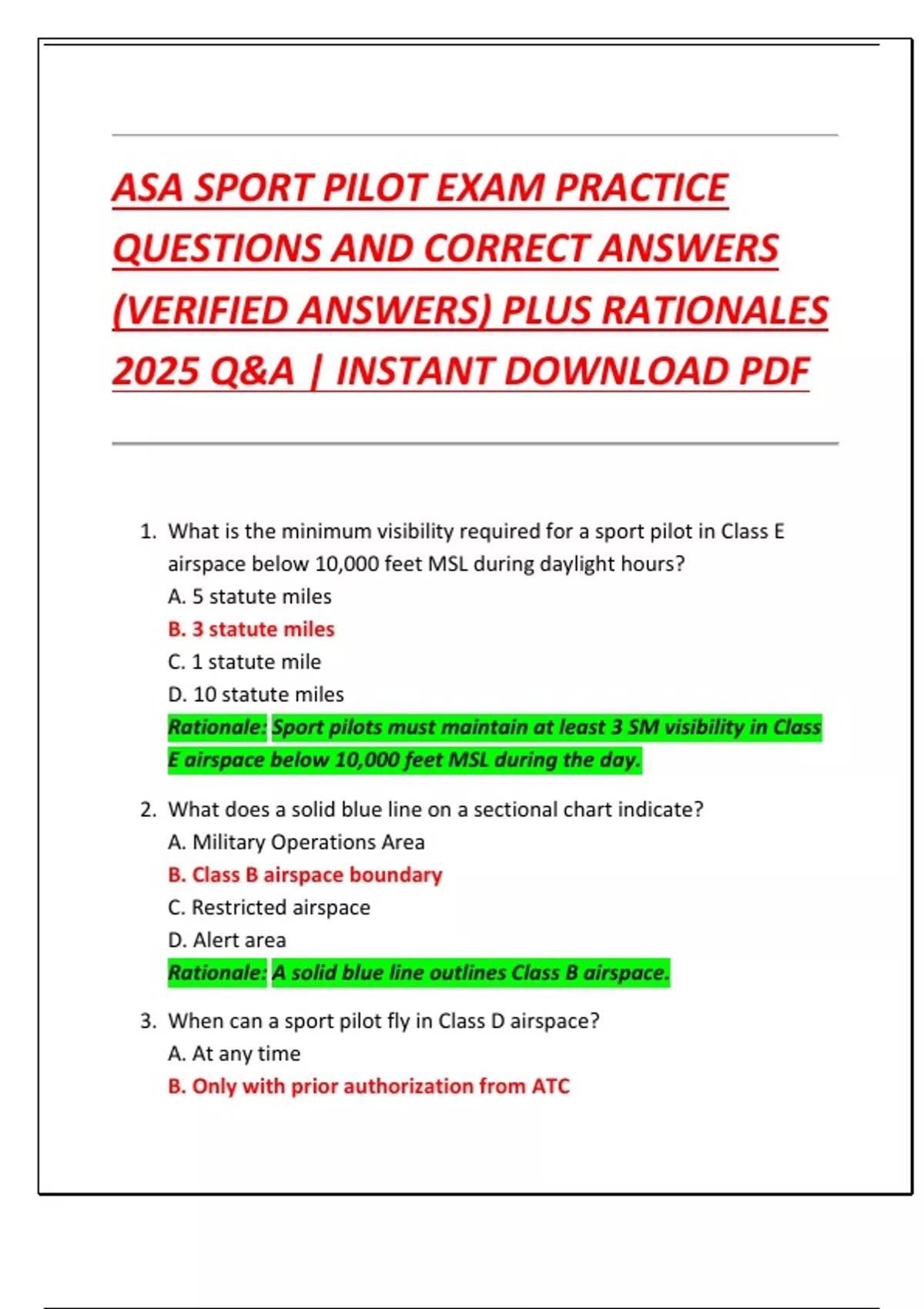 ASA SPORT PILOT EXAM PRACTICE QUESTIONS AND CORRECT ANSWERS (VERIFIED ...